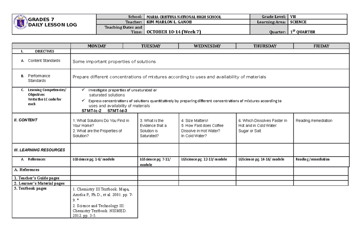 Dll - DEMO - GRADES 7 DAILY LESSON LOG School: MARIA CRISTINA NATIONAL ...