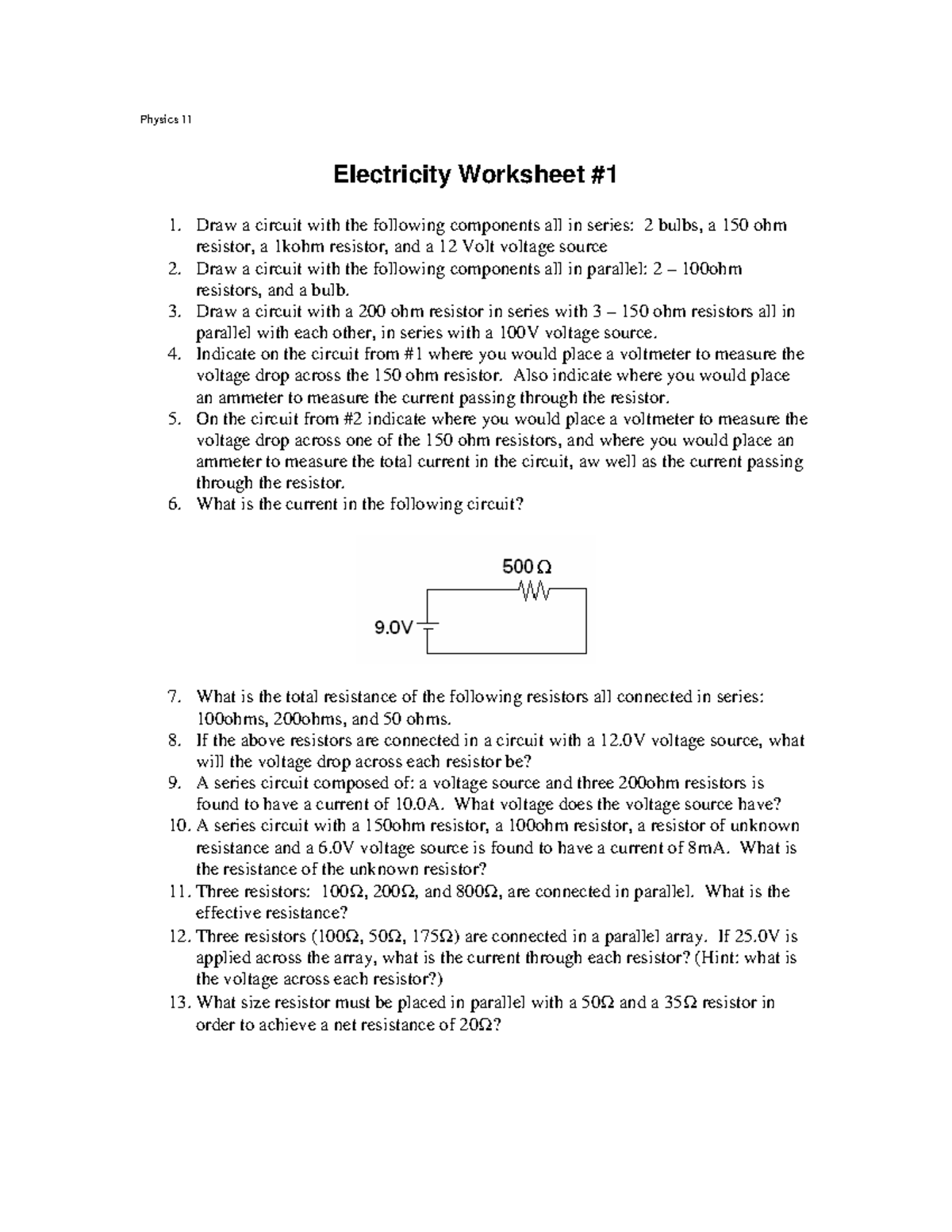 Electricity Worksheet - Physics 11 Electricity Worksheet Draw a circuit ...