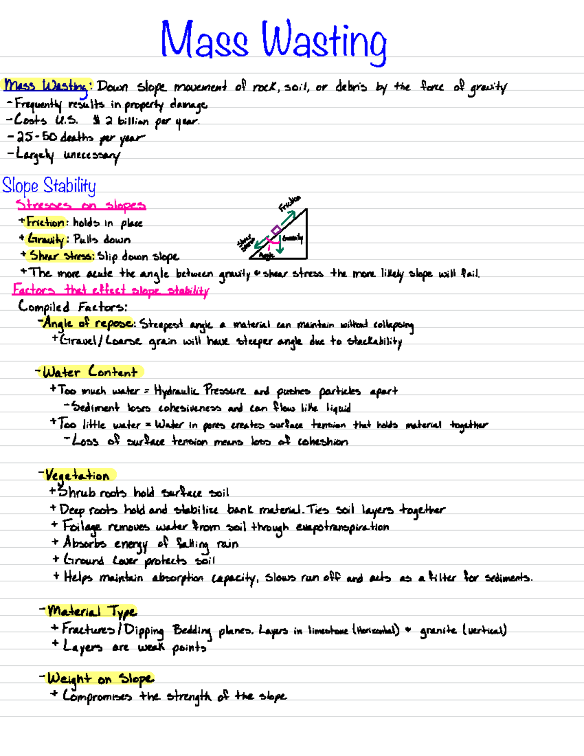 Mass Wasting Notes - Mass Wasting Slope Stability Mass Wasting : Down ...