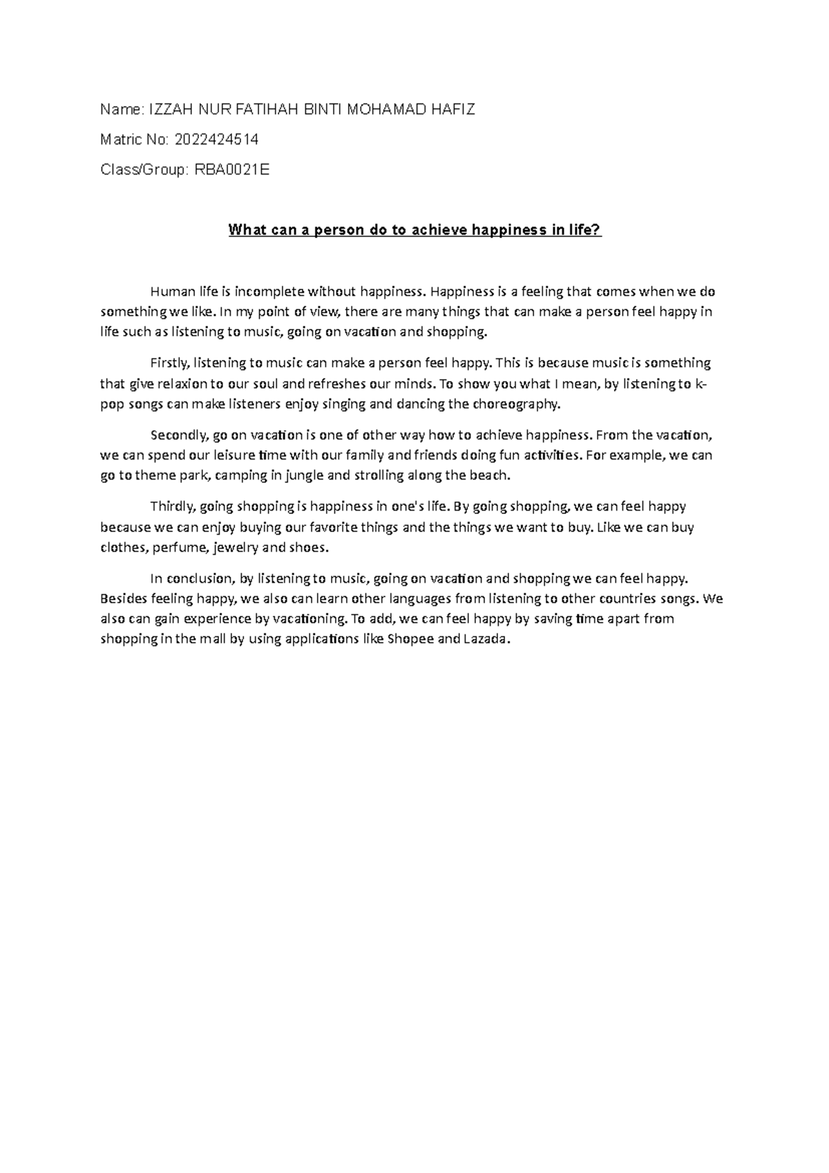 ELC Writing TEST - example - Name: IZZAH NUR FATIHAH BINTI MOHAMAD ...