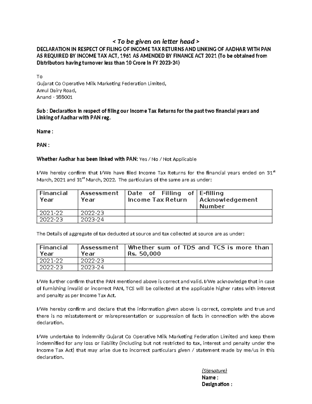 Declaration TO less than 10 Cr 2024-25 - DECLARATION IN RESPECT - Studocu