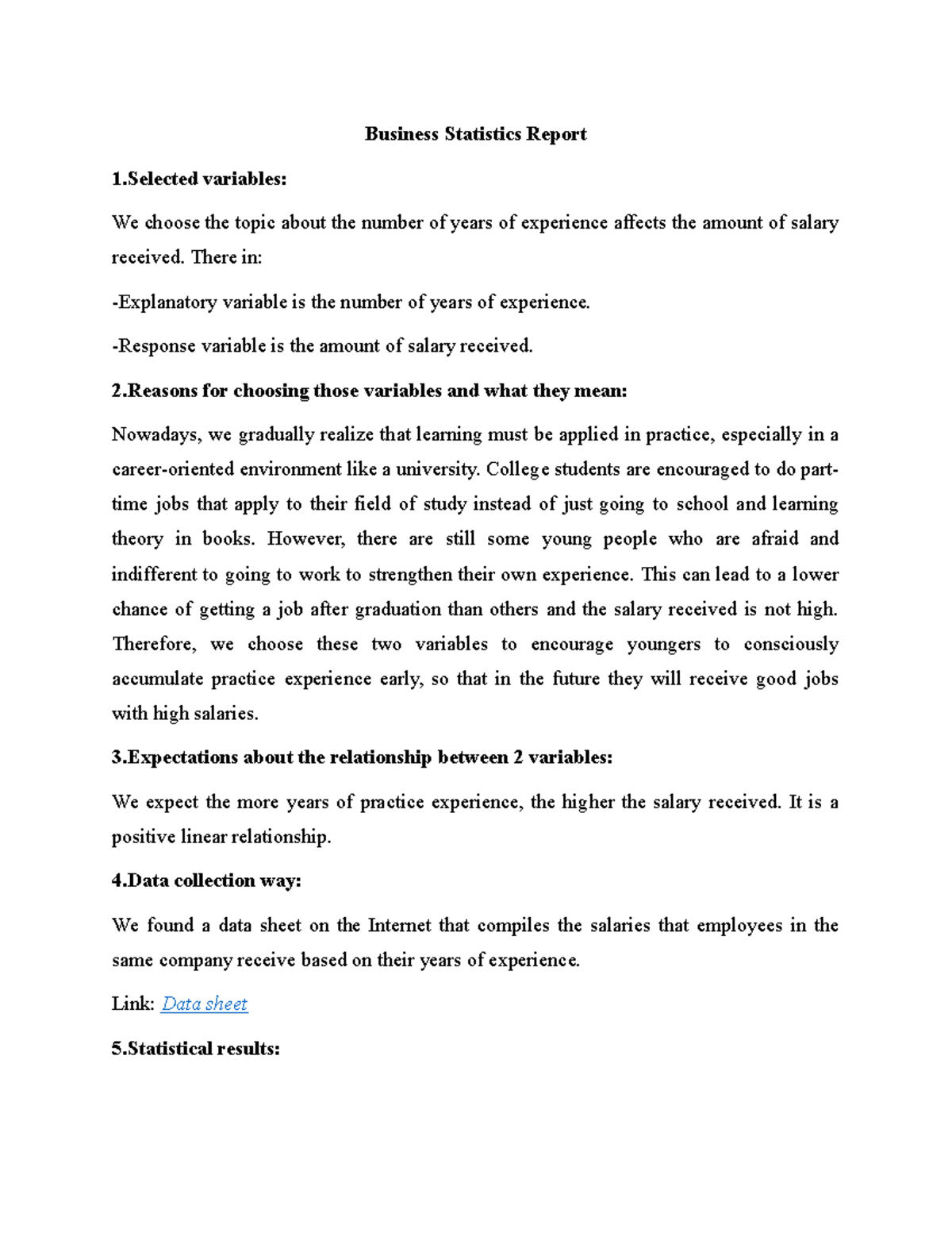 Business Statistics Report group 3 - Business Statistics Report 1 ...