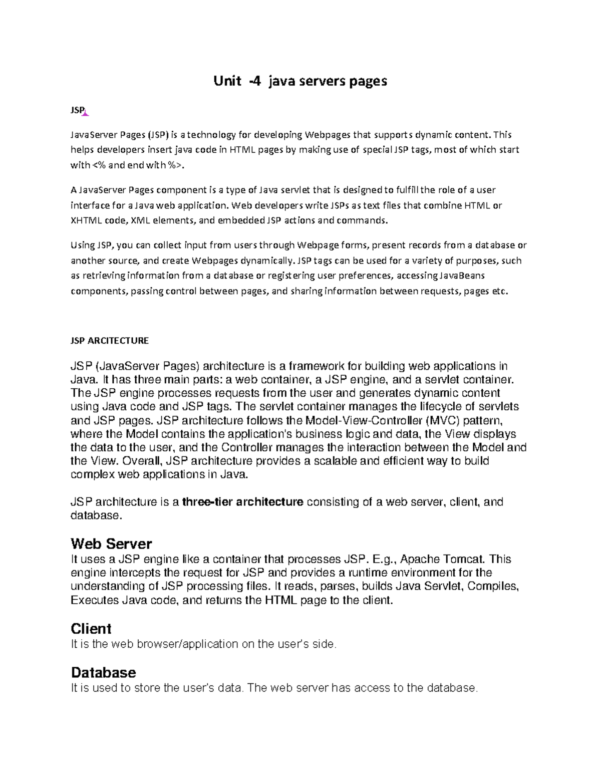 Unit 4 java (mca) - jsp - Unit - 4 java servers pages ####### JSP ...