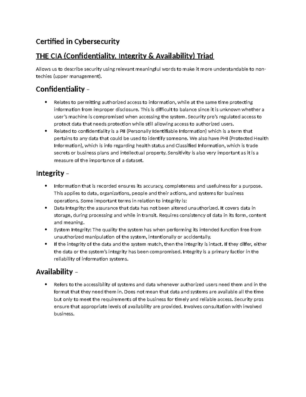 Certified in Cybersecurity Notes - Certified in Cybersecurity THE CIA ...