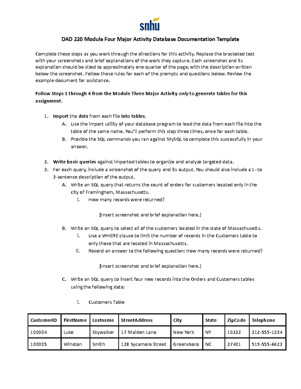DAD 220 Module Four Major Activity Database Documentation Template ...
