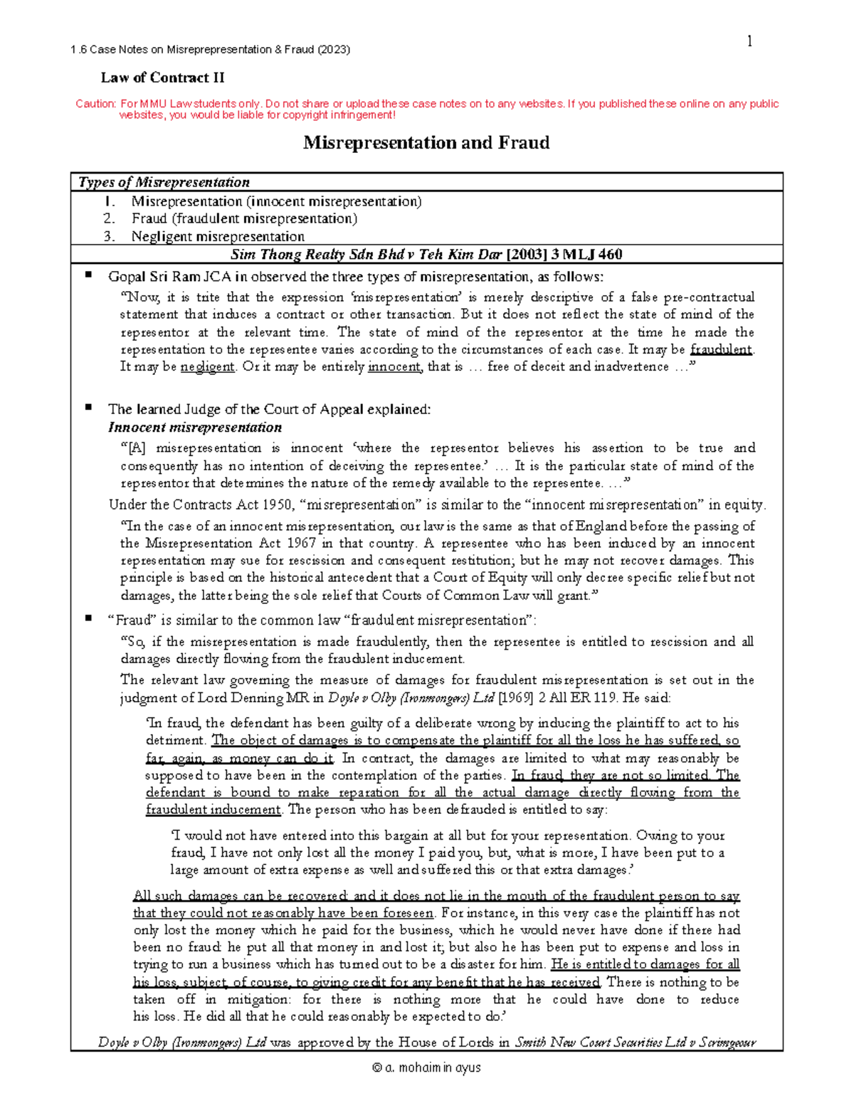 1.6 Case Notes on Misreprepresentation & Fraud (2023) - Law of Contract ...
