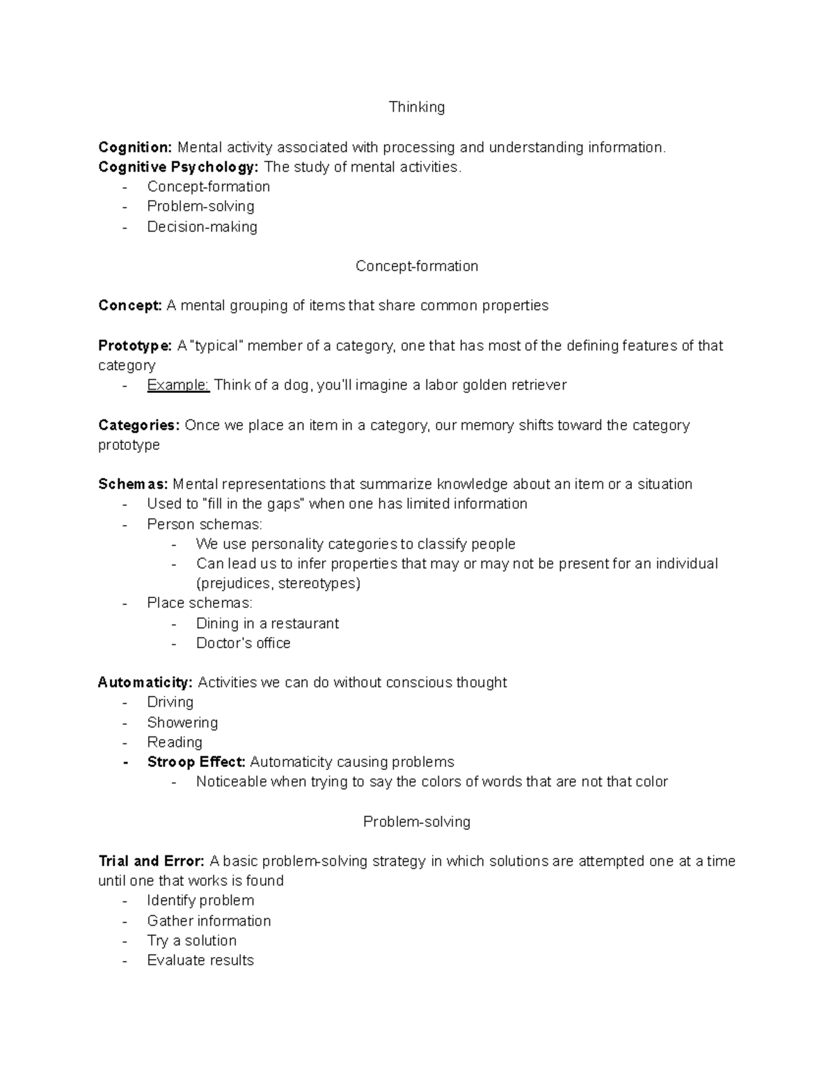 PSY 2301 Chapter 9 - Thinking - Thinking Cognition: Mental activity ...