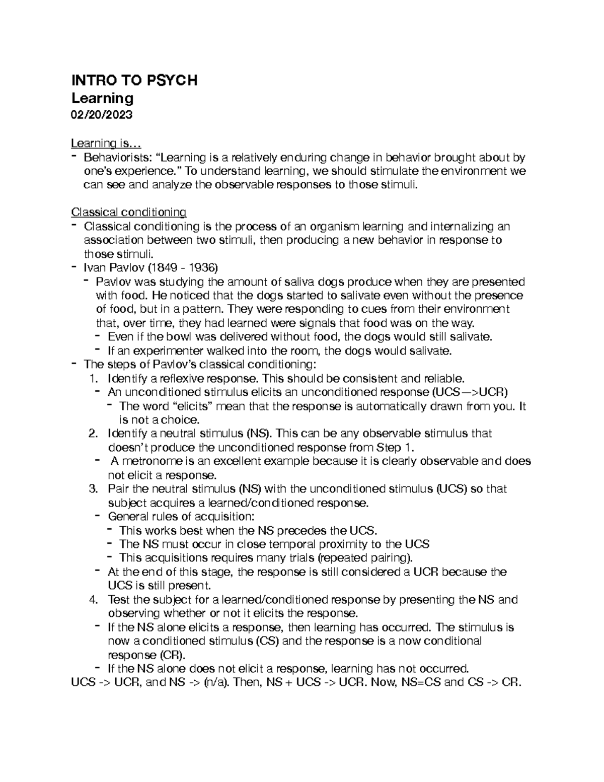 Learning - Prof. Bugg - INTRO TO PSYCH Learning 02/20/ Learning is ...