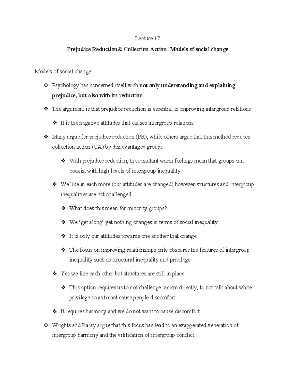 Prejudice reduction and collective action - Lecture 17 Prejudice Reduction& Collection Action ...