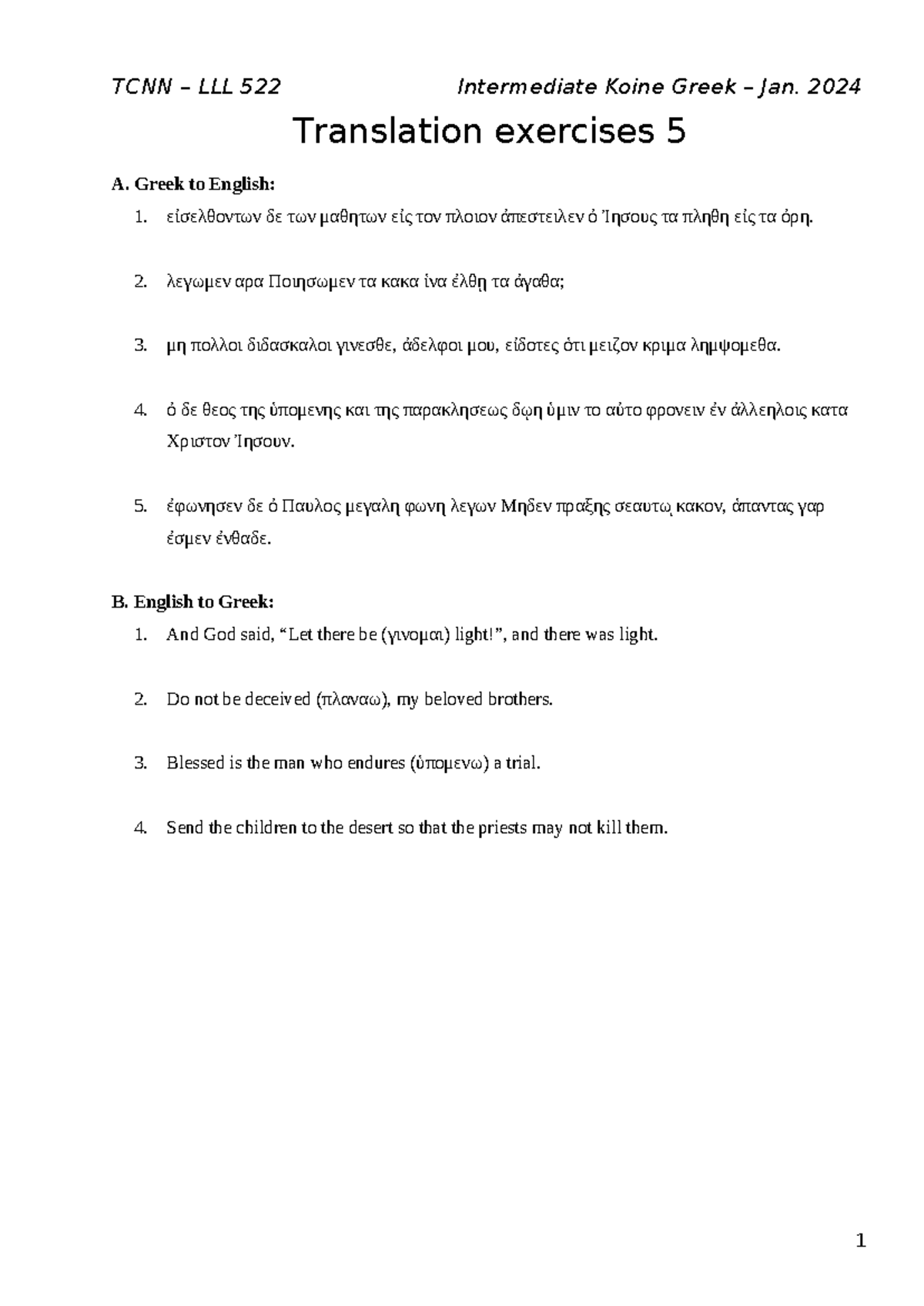 Translation exercises 5 - TCNN – LLL 522 Intermediate Koine Greek – Jan ...