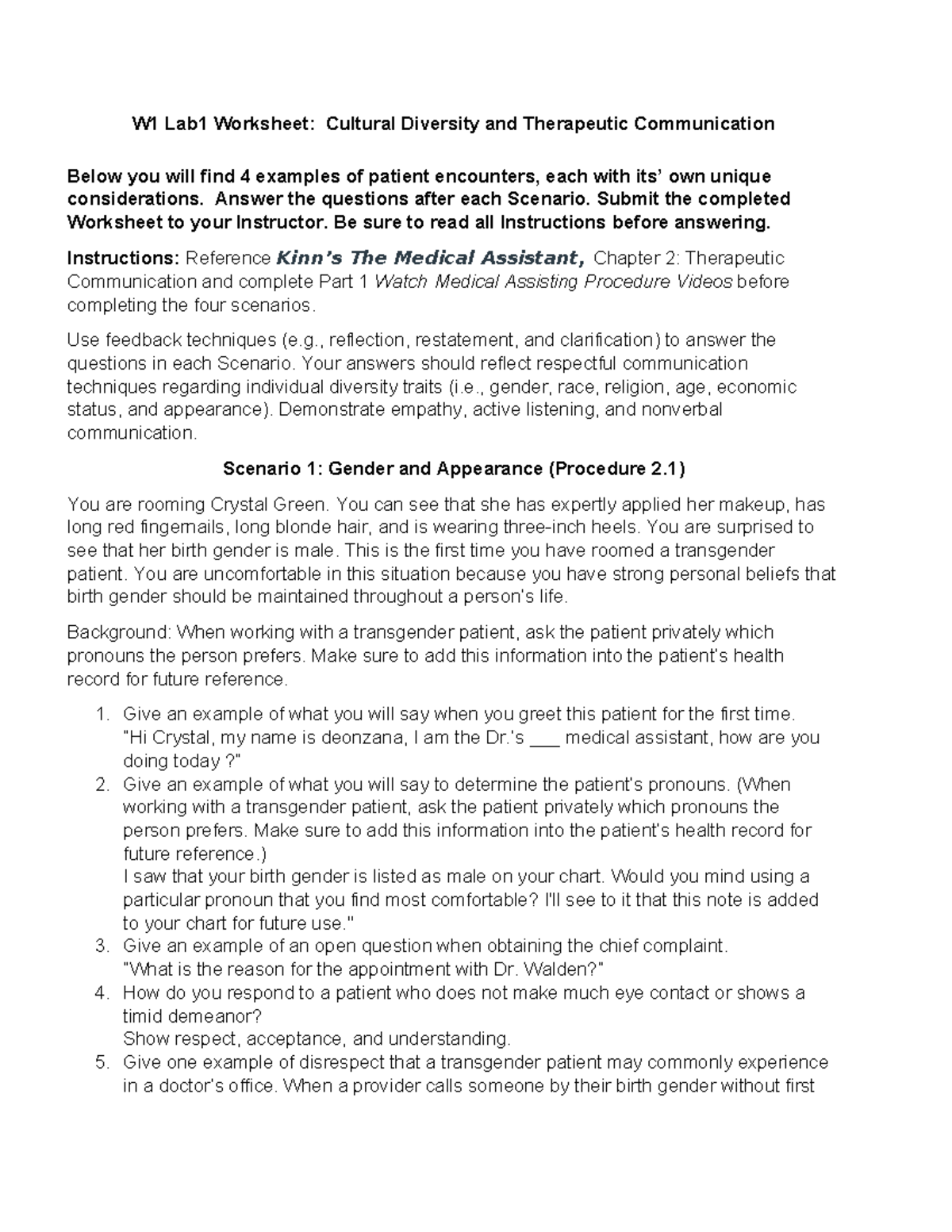 Week one lab Medical Office Procedures (MOA110) - W1 Lab1 Worksheet: Cultural Diversity and ...