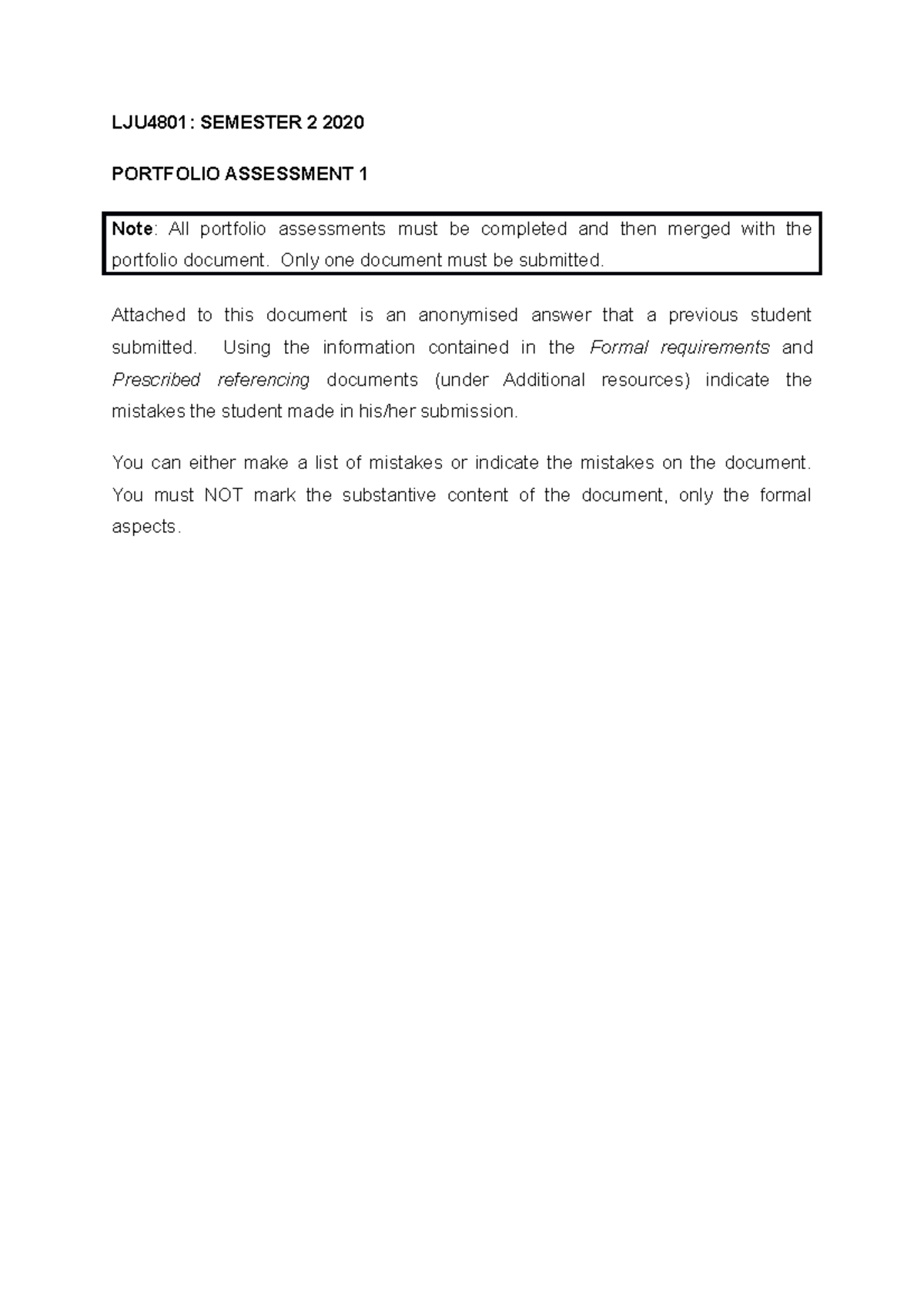 Portfolio Assessment 1 Semester 2 2020 LJU4801 SEMESTER 2 2020