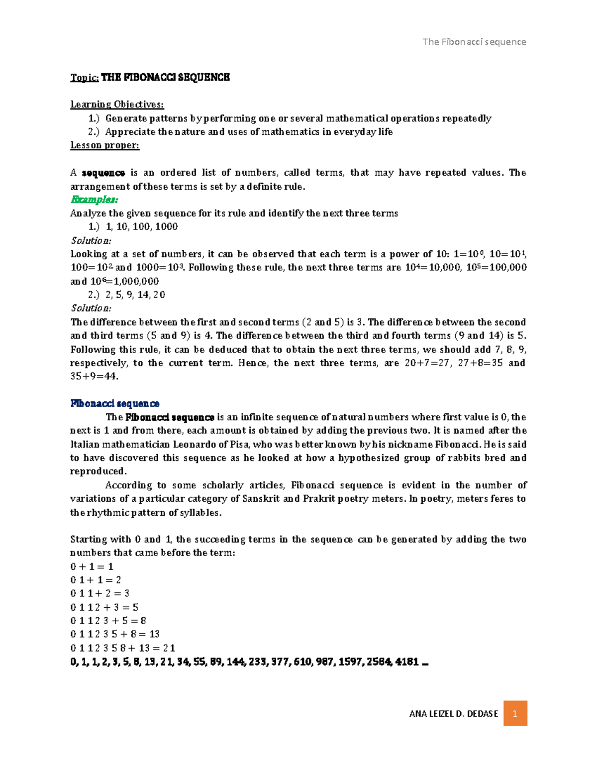 Module In Fibonacci Sequence Lecture Notes Topic The Fibonacci