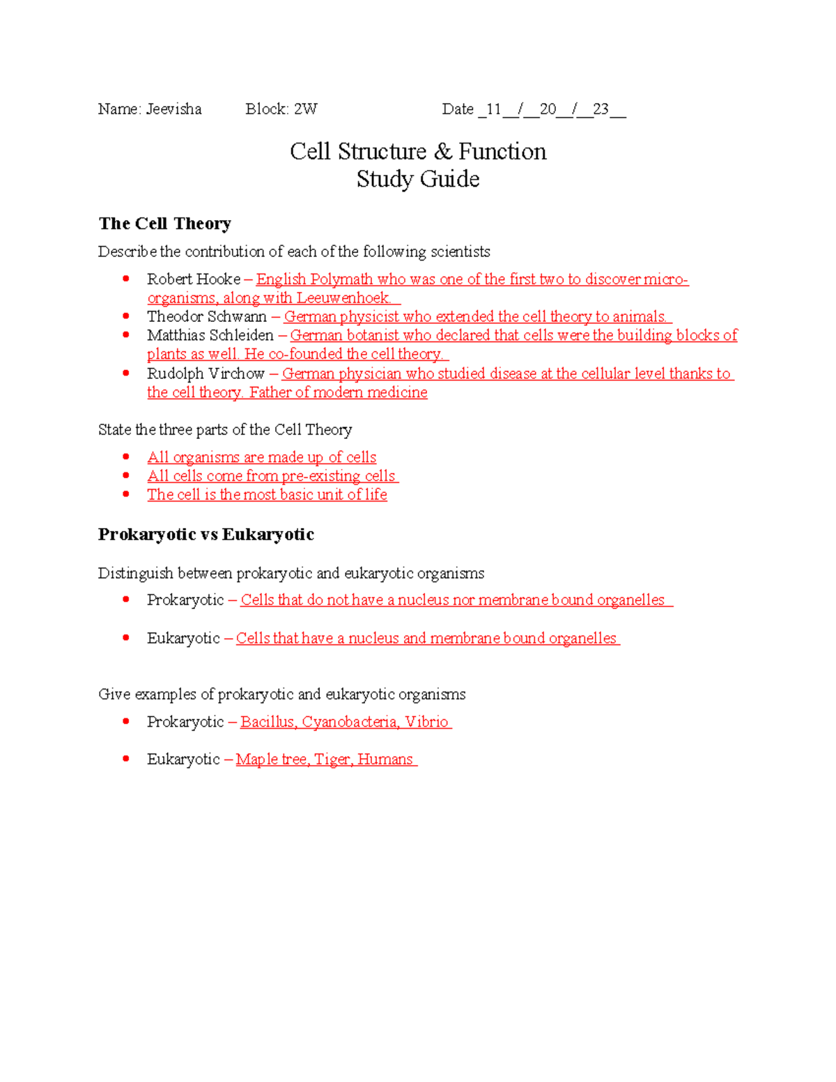 Cell Structure & Function Study Guidesdhgmgfncb - Name: Jeevisha Block: 2W Date 11_/20/23 Cell ...