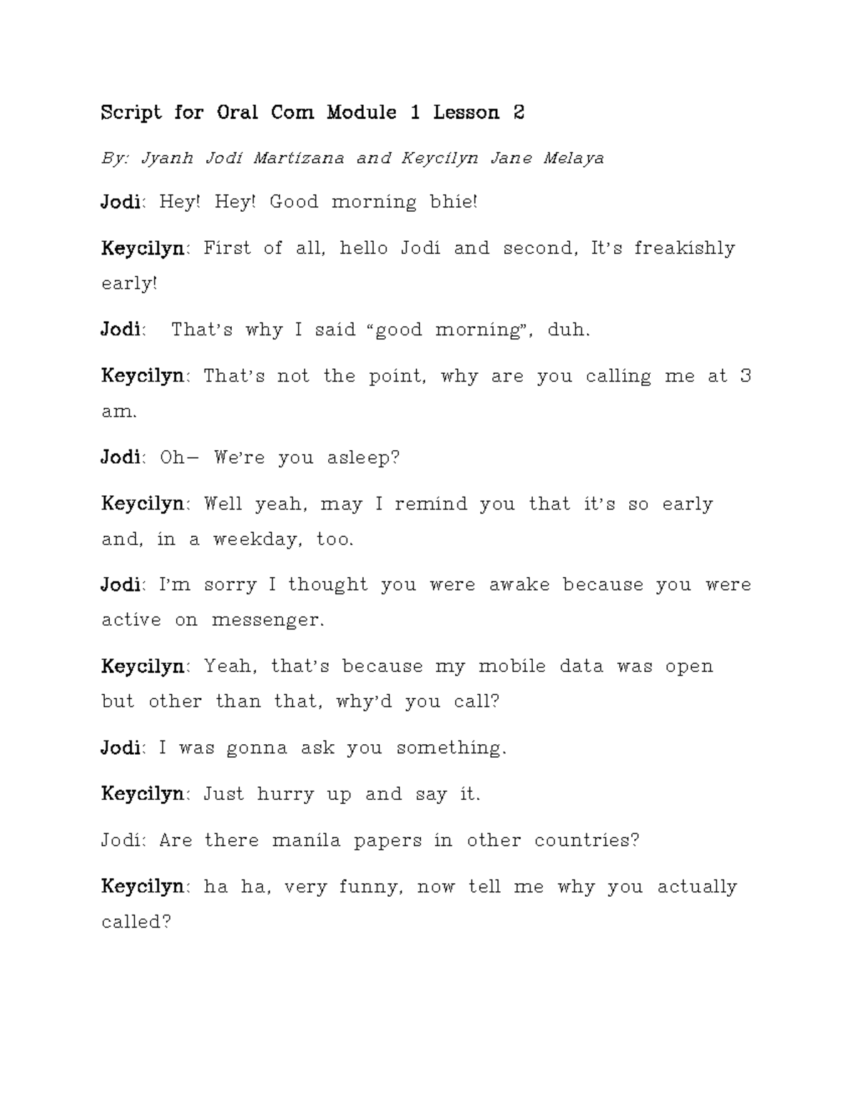 Script for Oral Com lesson 2 - Script for Oral Com Module 1 Lesson 2 By ...