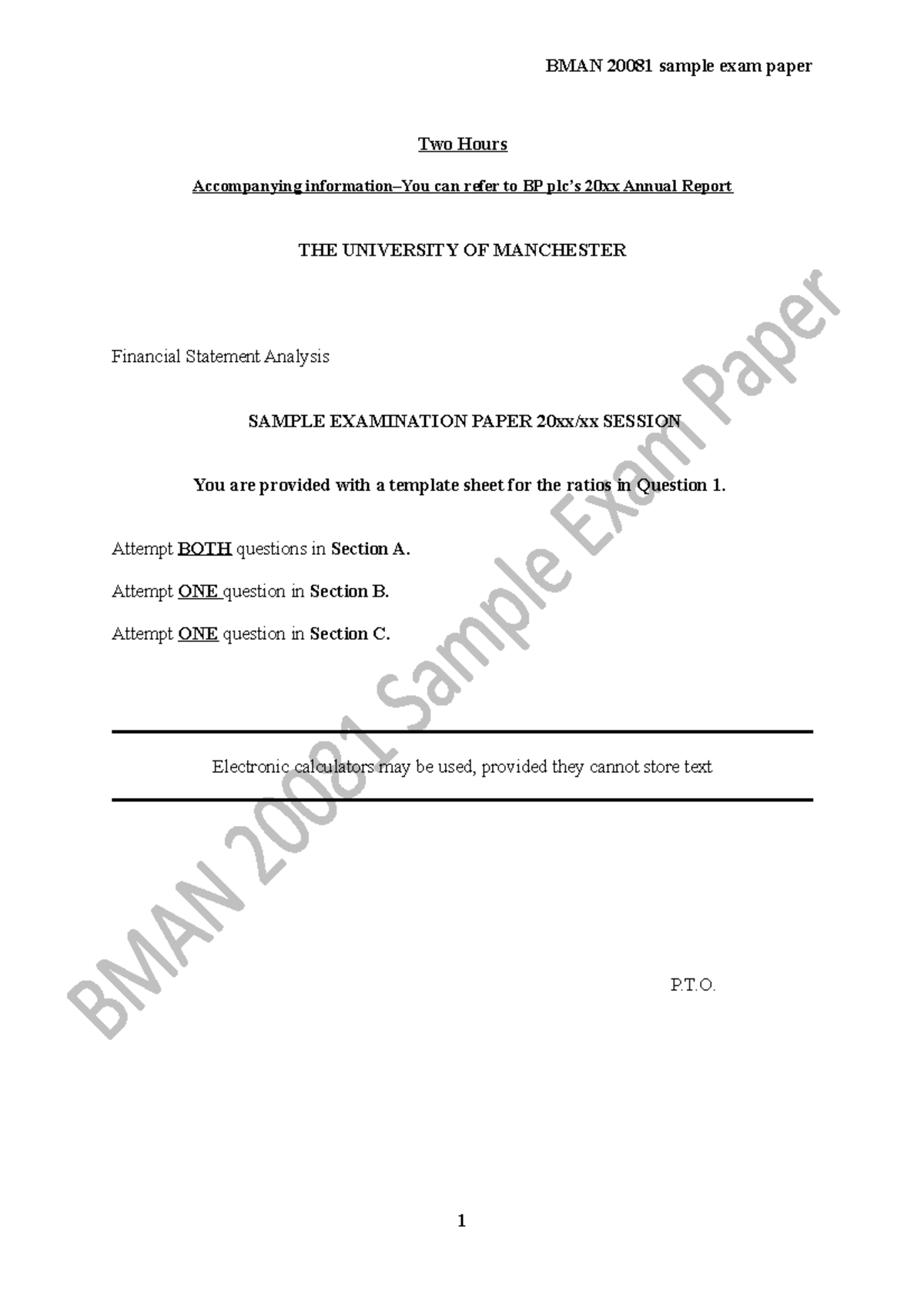 BMAN 2008 1 sample exam paper 2021(1) - BMAN 20081 sample exam paper ...