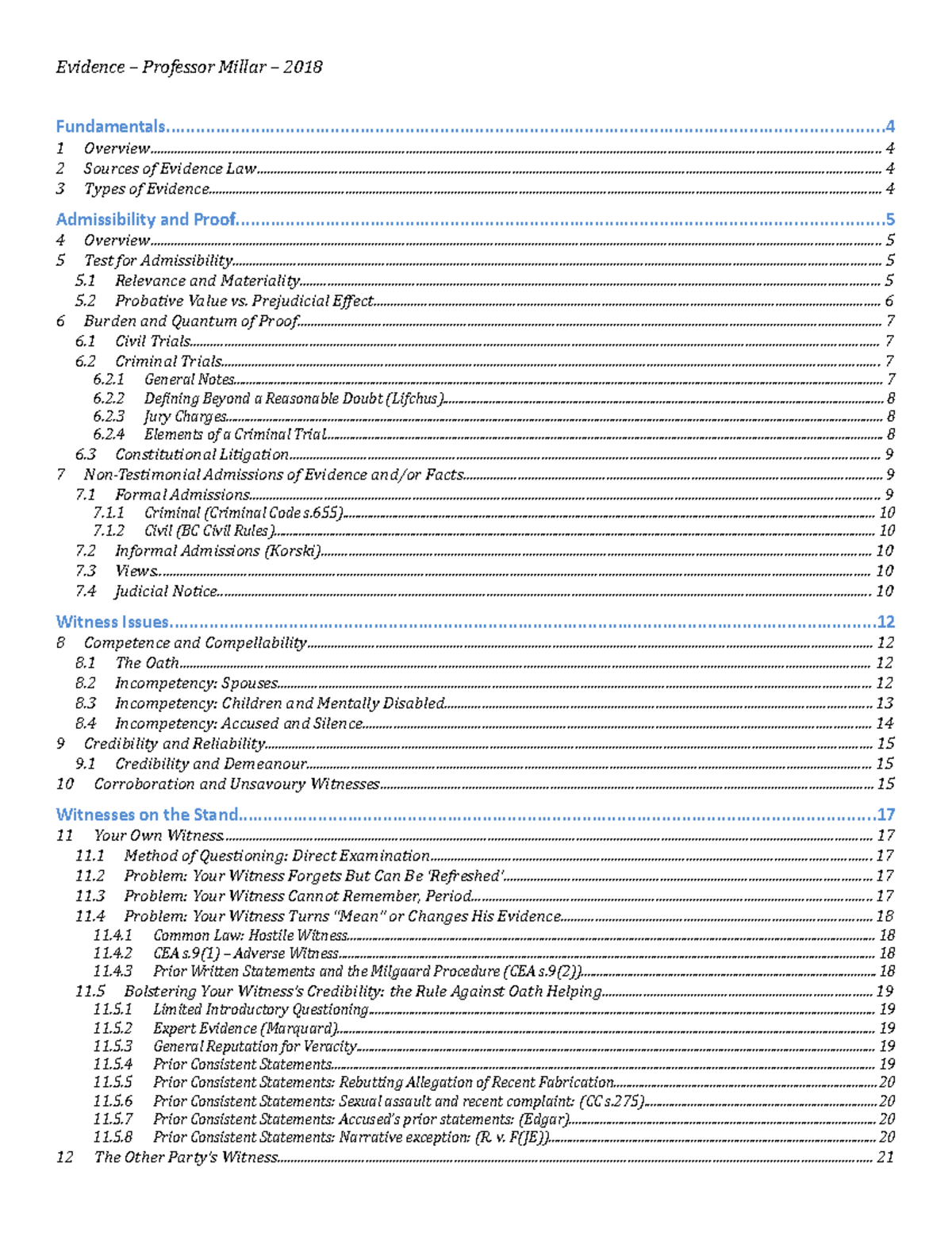 Evidence law - Professor Millar - 2018 - Evidence – Professor Millar ...