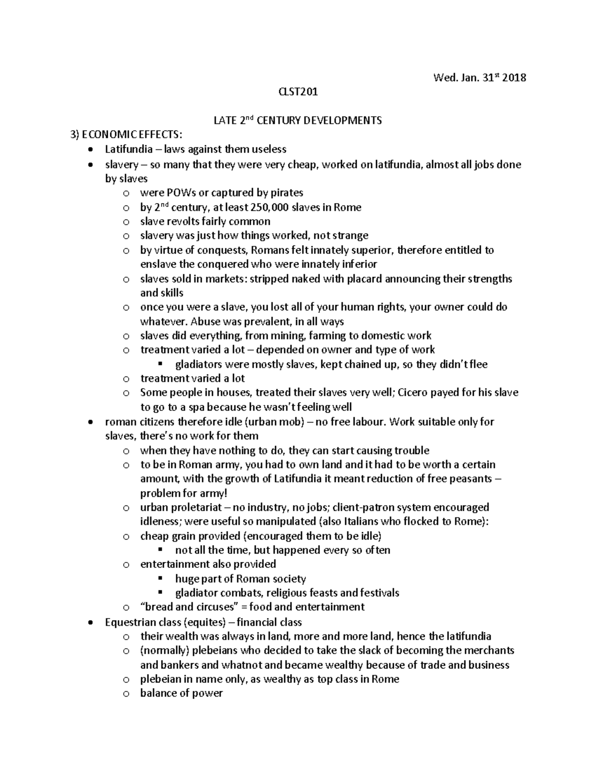 01 31 18 - Lecture notes 7 - Wed. Jan. 31st 2018 CLST201 LATE 2nd ...