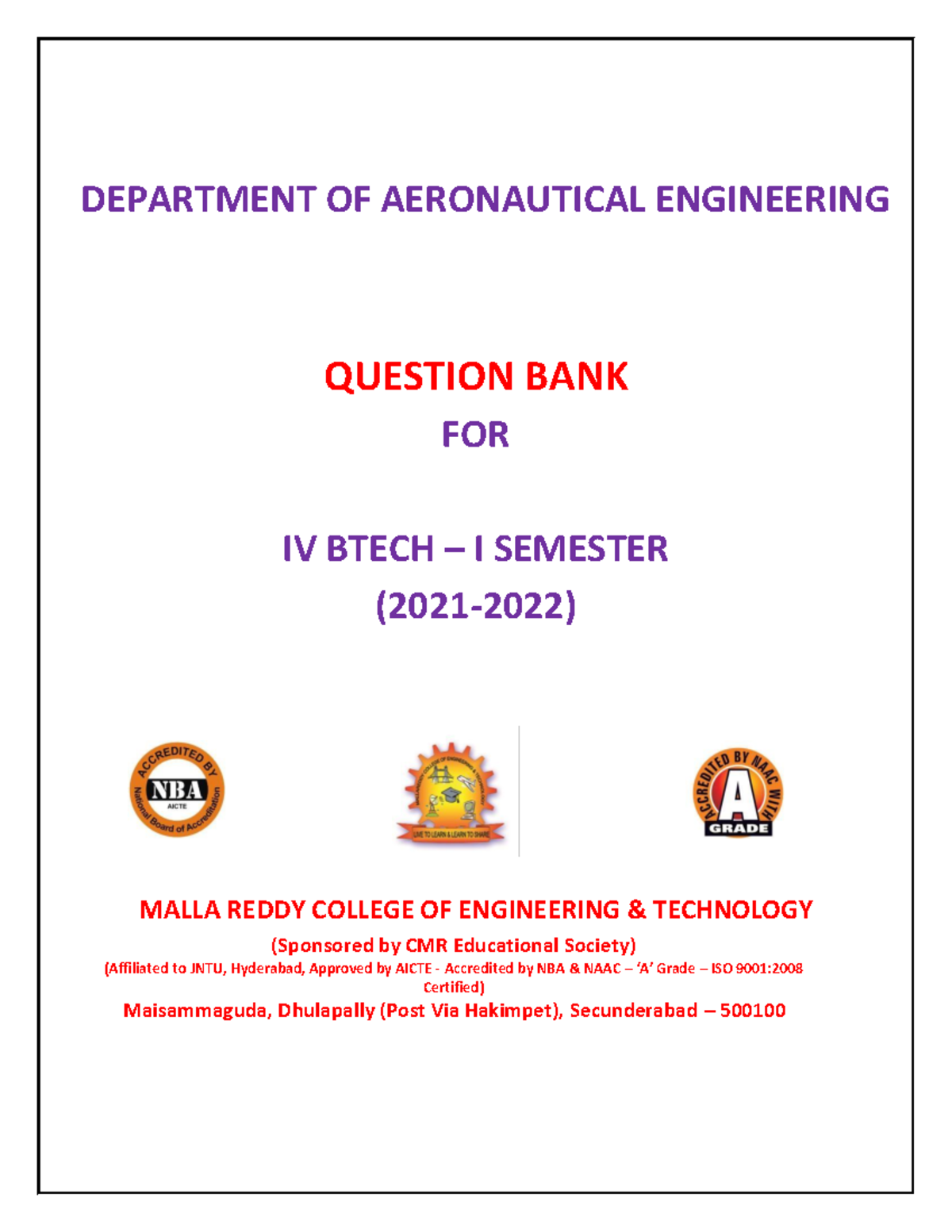 ANE IV-I - DEPARTMENT OF AERONAUTICAL ENGINEERING QUESTION BANK FOR IV BTECH – I SEMESTER - Studocu