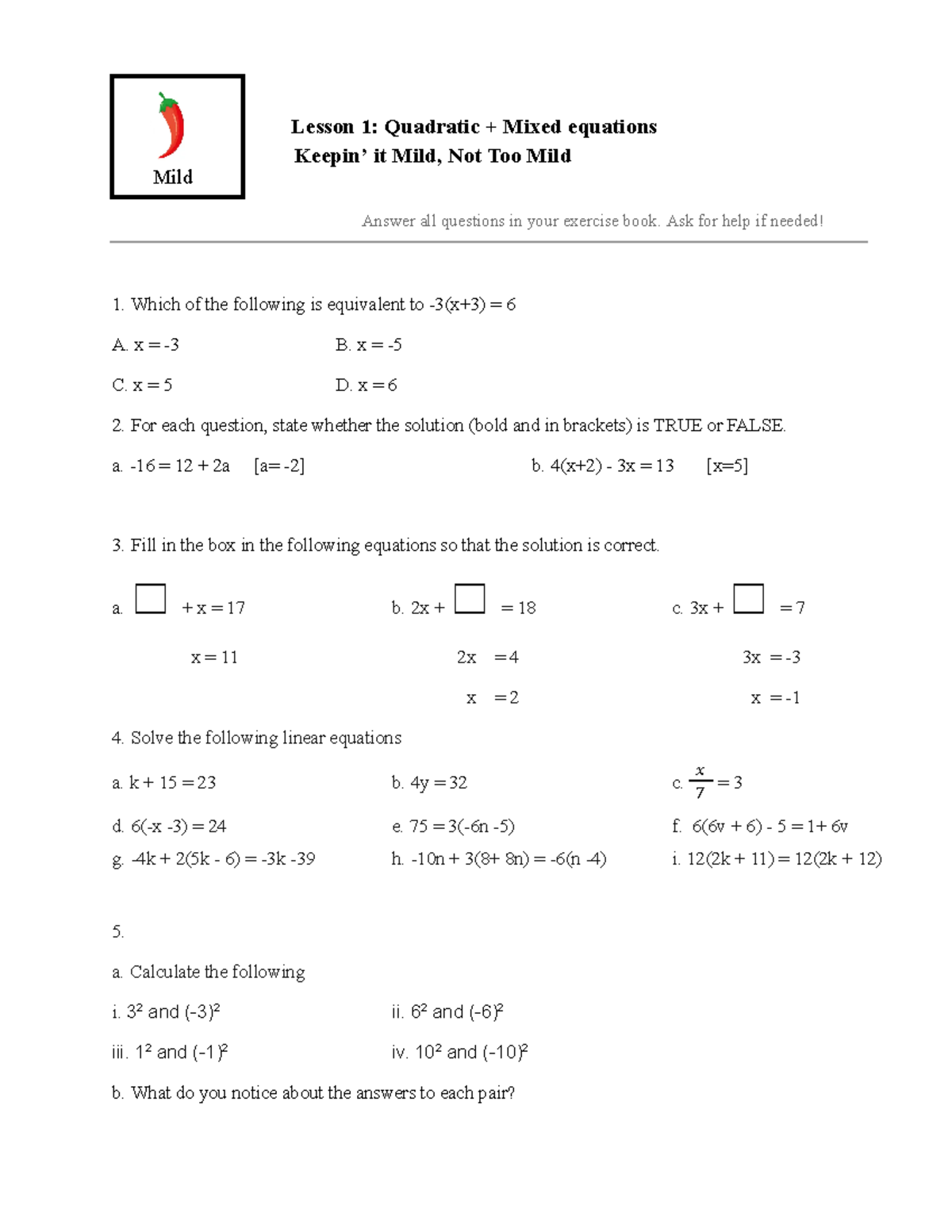 8MAT4 Lesson 1 worksheet - Mild Lesson 1: Quadratic + Mixed equations ...