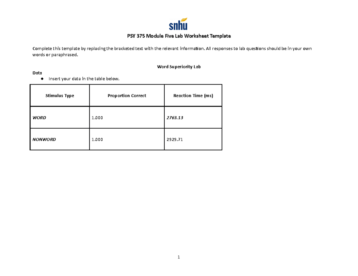 PSY 375 LAB 5 - LAB 5 - PSY 375 Module Five Lab Worksheet Template ...