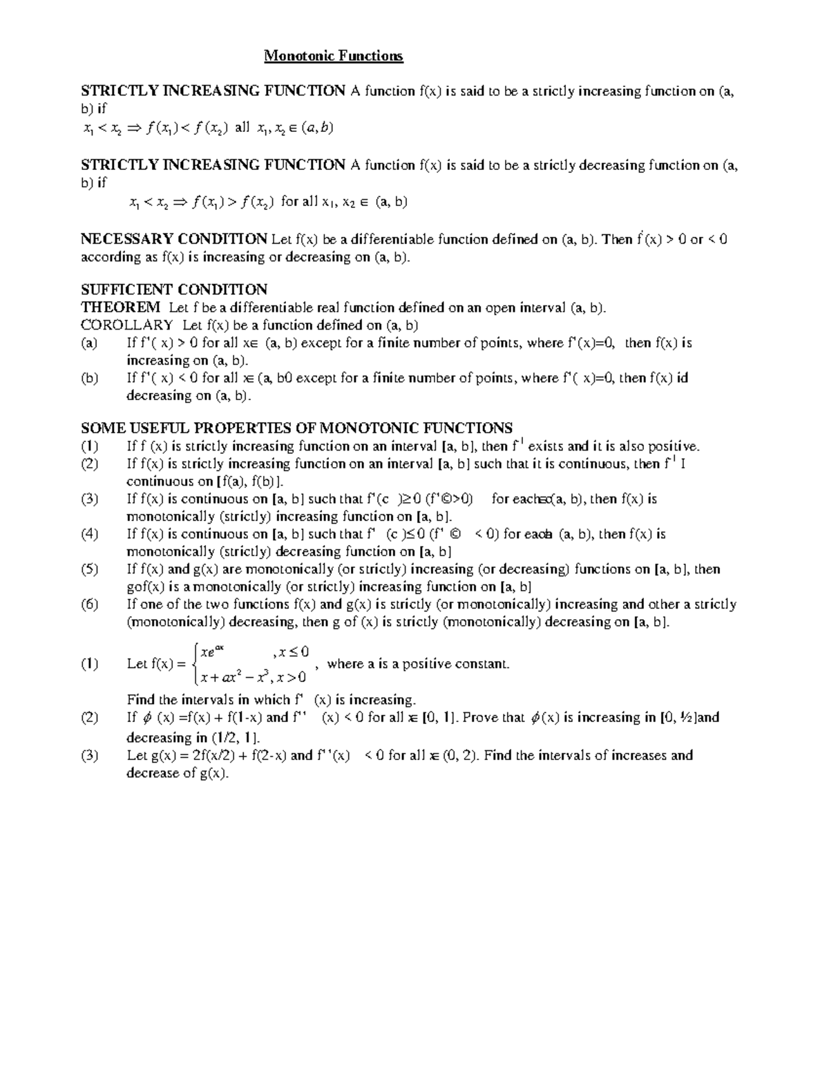 Maths Monotonic Functions Monotonic Functions Strictly Increasing Function A Function Fx Is
