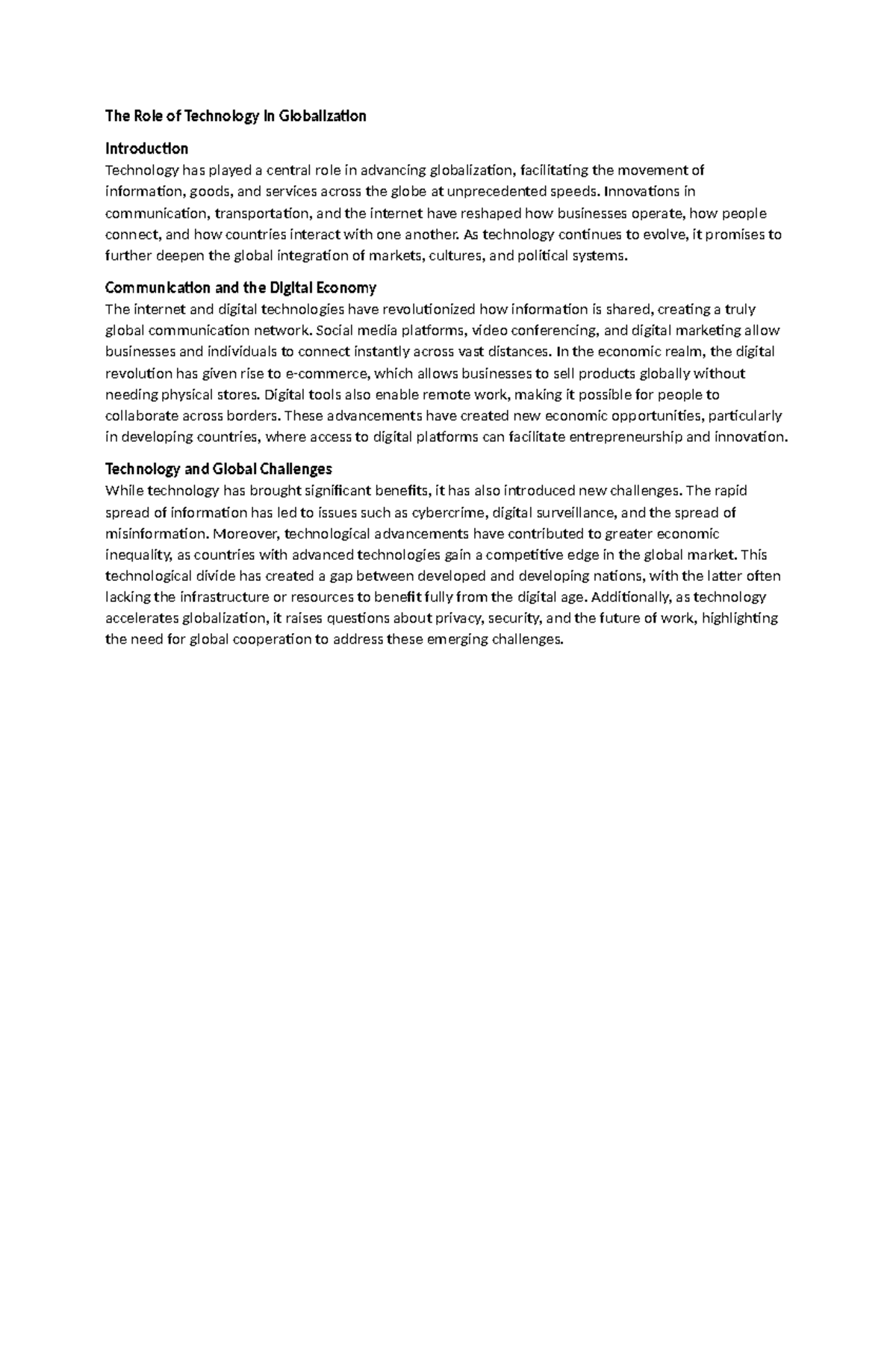 The Role of Technology in Globalization - The Role of Technology in ...