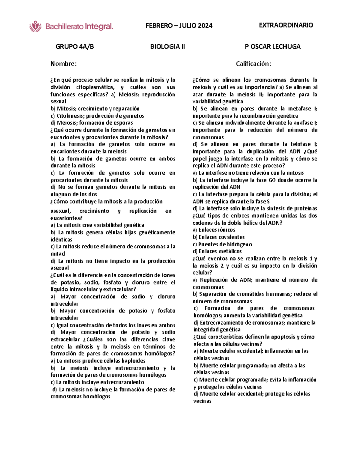 Examen extraordinario. Biología II - GRUPO 4A/B BIOLOGIA II P OSCAR ...