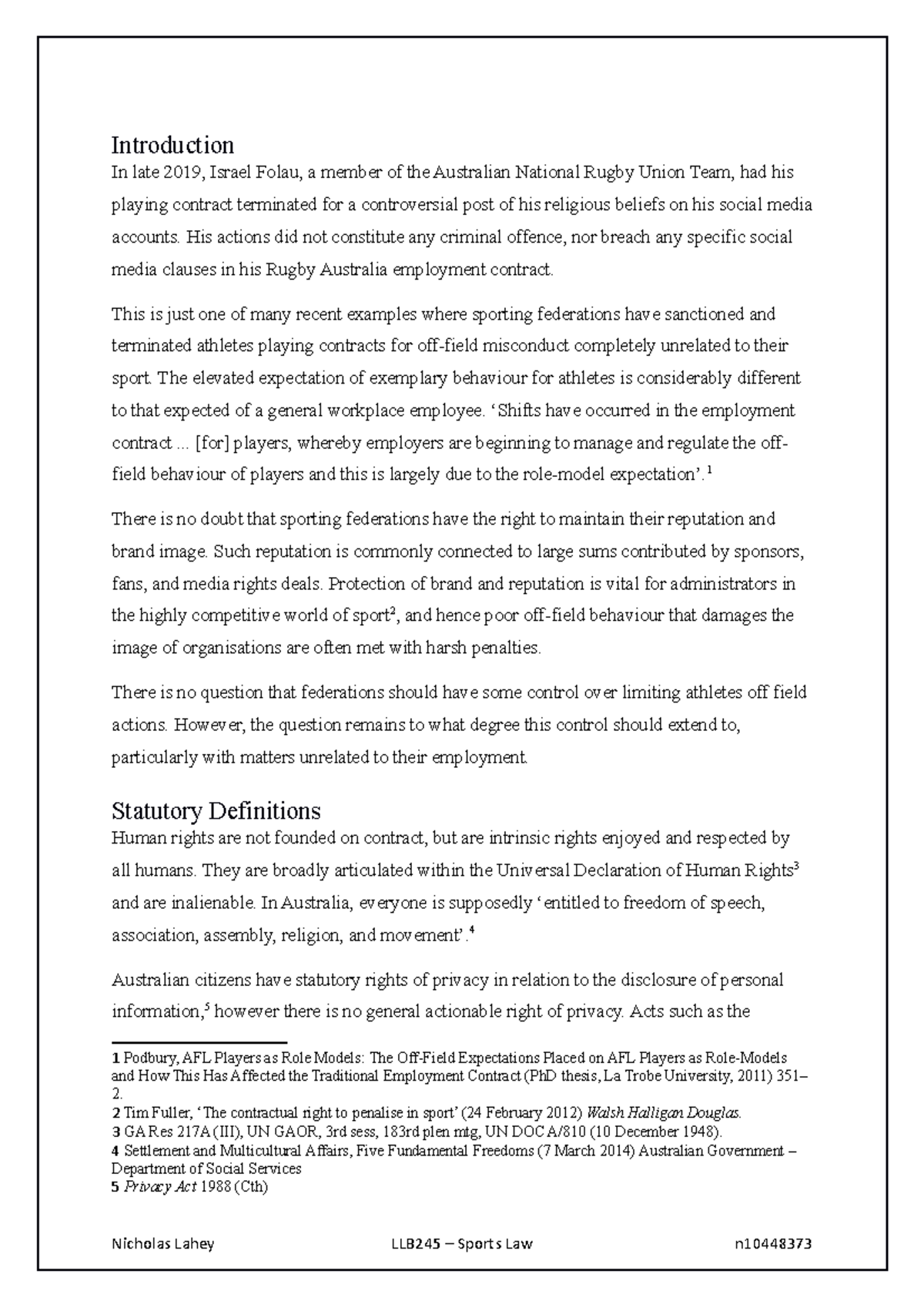 Sports Law Analytical Essay - Introduction In late 2019, Israel Folau ...