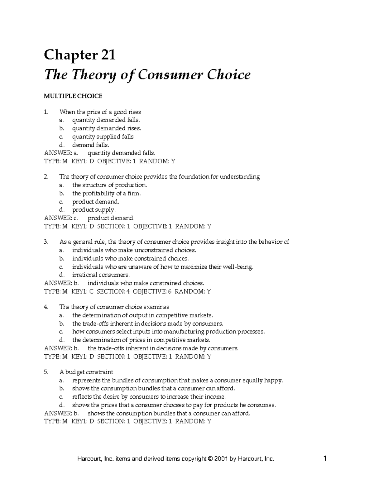 Chap 21 - Testbank - Chapter 21 The Theory of Consumer Choice MULTIPLE ...