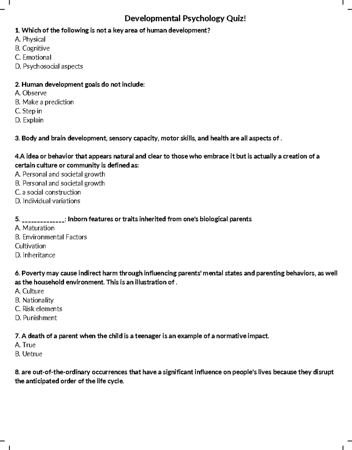 Developmental Psychology Quiz - Developmental Psychology Quiz! Which of ...