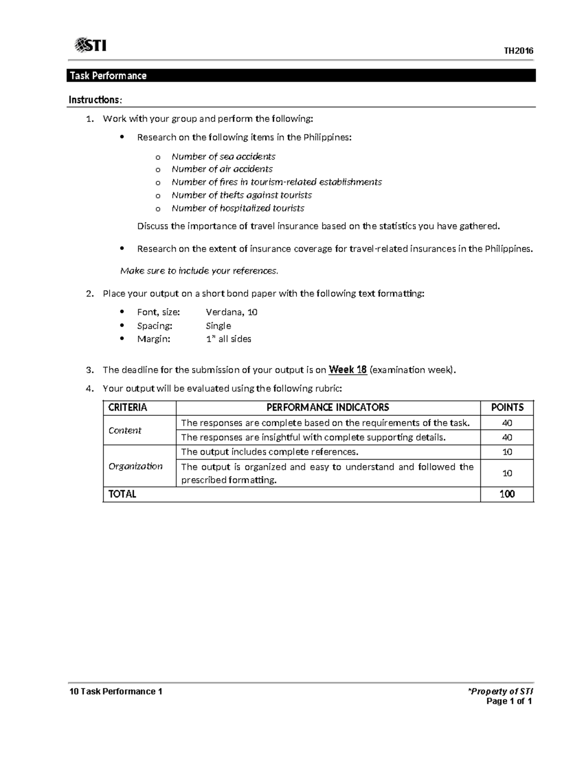 10 Task Performance 1 - TH Task Performance Instructions: 1. Work with ...