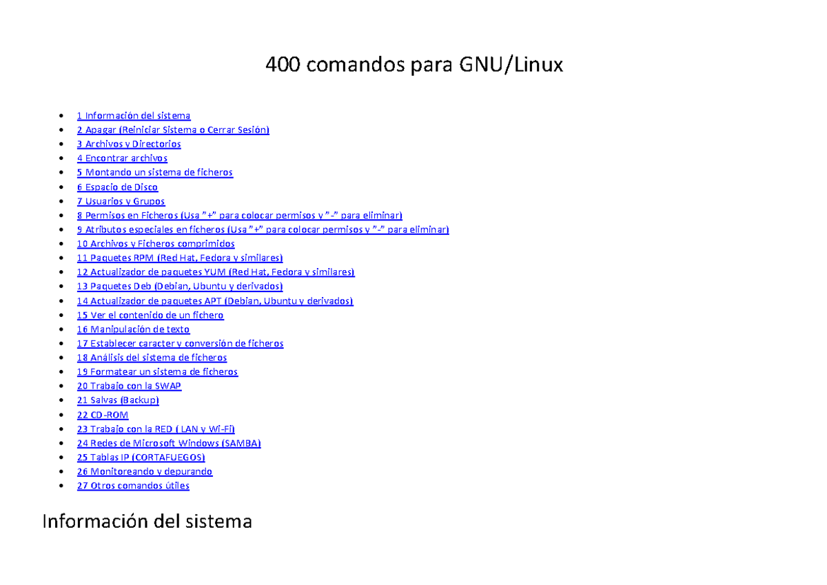 400 comandos para GNU - 400 comandos para GNU/Linux 1 Información del sistema 2 Apagar - Studocu