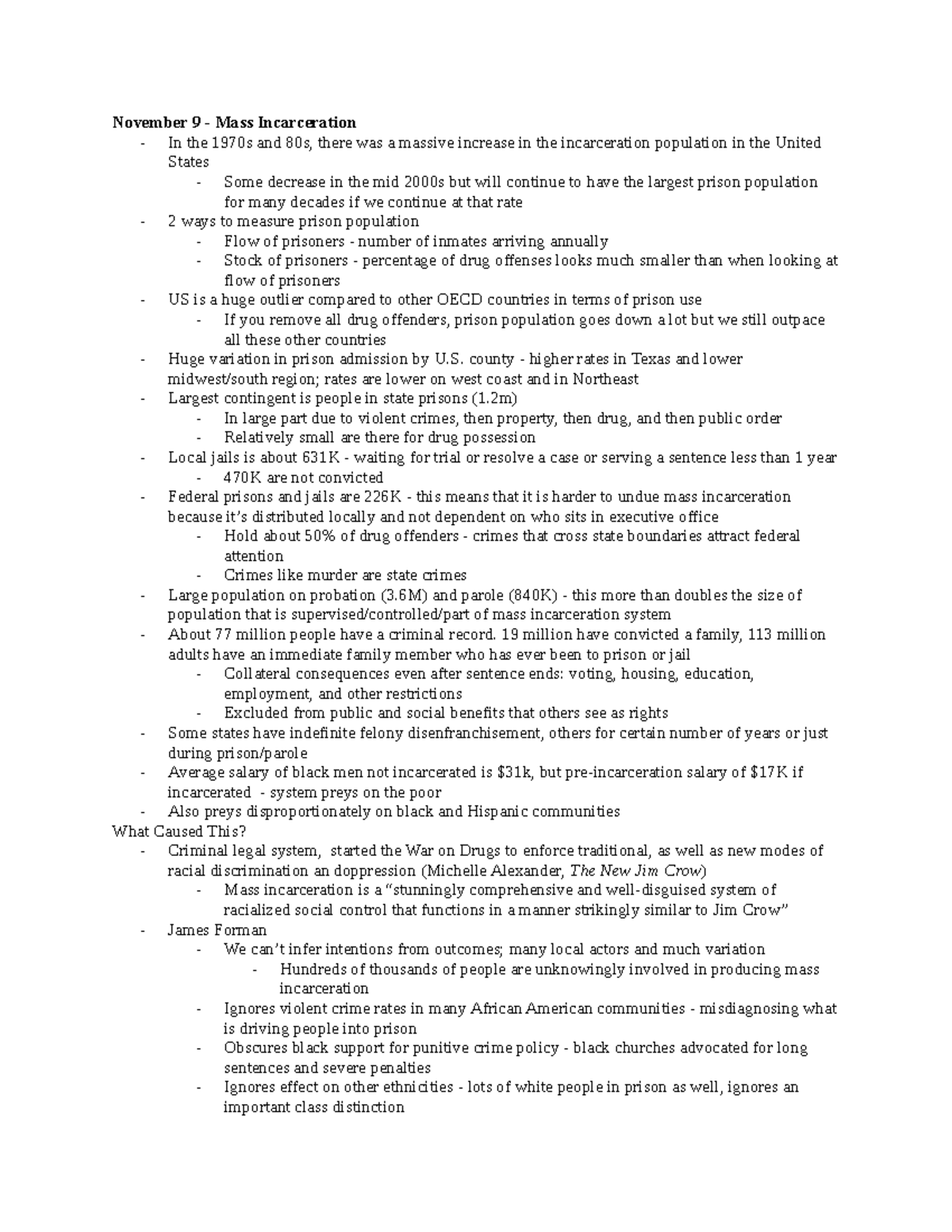 POLS 1455 Class Notes 3 - November 9 - Mass Incarceration - In the ...