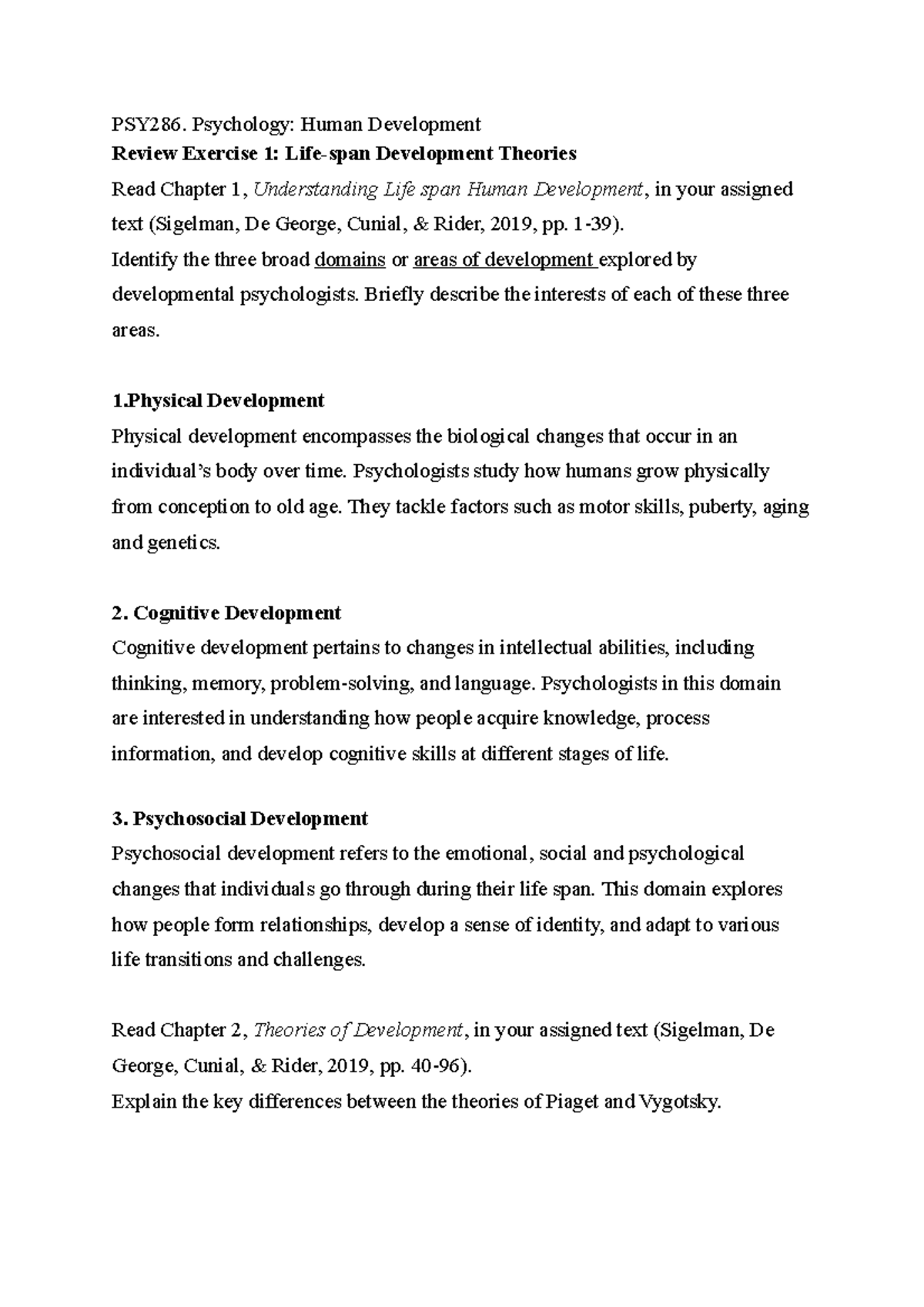 Review Exercise 1 - Tutorial Assignment - PSY286. Psychology: Human Development Review Exercise ...