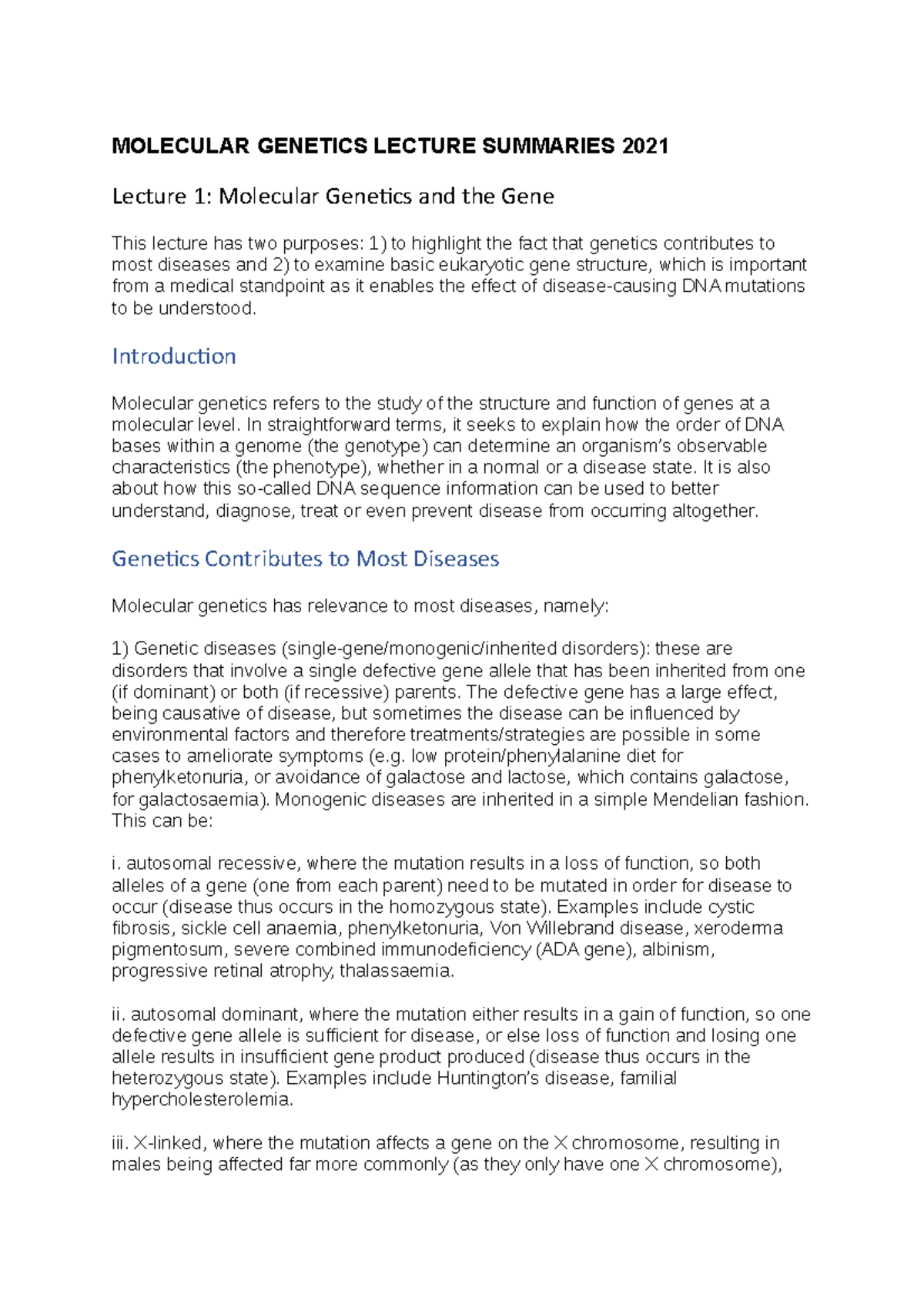 Molecular Genetics lecture summary - MOLECULAR GENETICS LECTURE ...