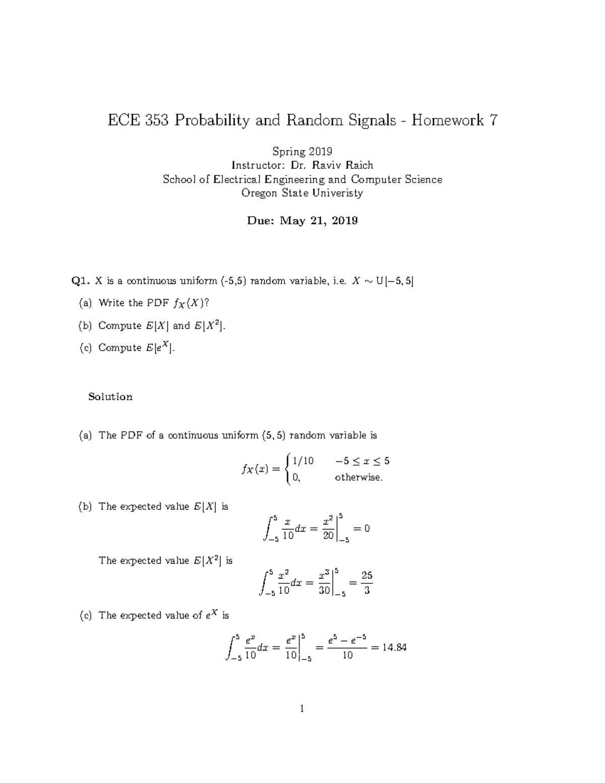 2018 sp ECE353 HW7 solution - ECE 353 Probability and Random Signals - Homework 7 Spring 2019 ...