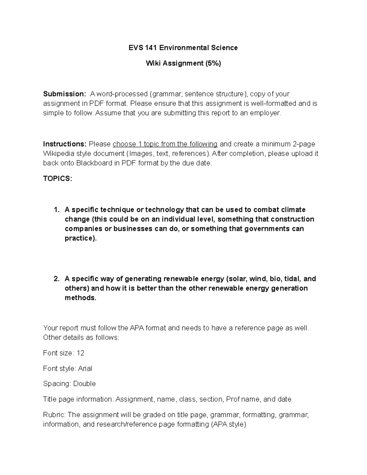EVS 141 Wiki Assignment Winter 2021 (5%) - EVS 141 Environmental ...