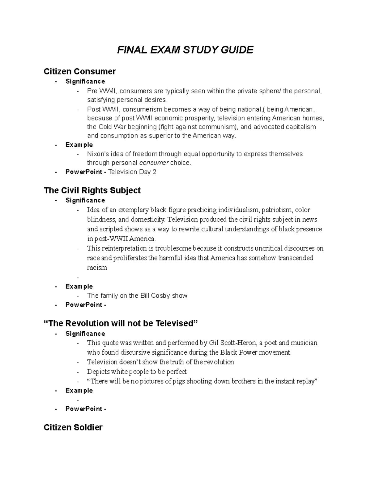 Media Studies Final EXAM Study Guide - FINAL EXAM STUDY GUIDE Citizen ...