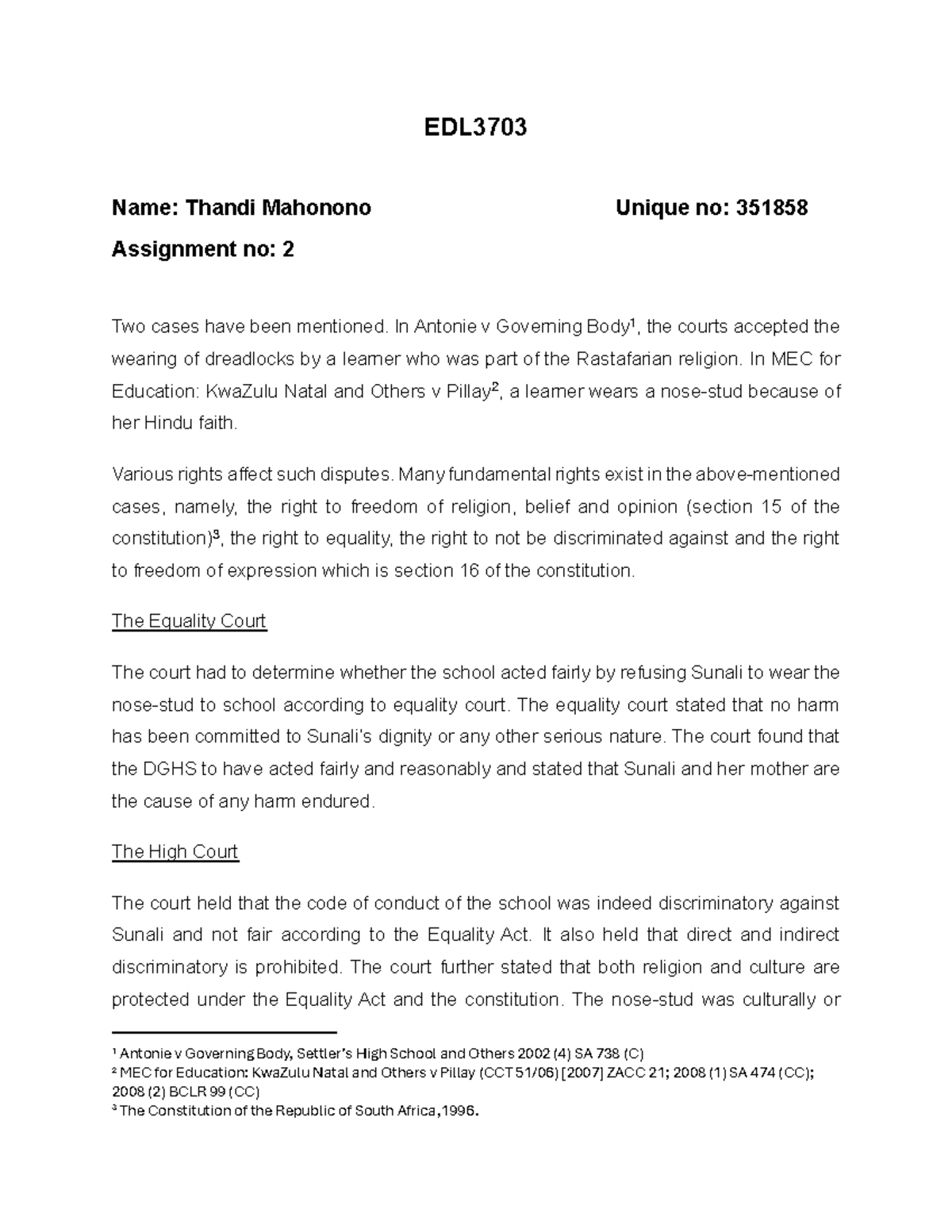 EDL3703 ass2 - ASSIGNMENT 2 - EDL Name: Thandi Mahonono Unique no ...