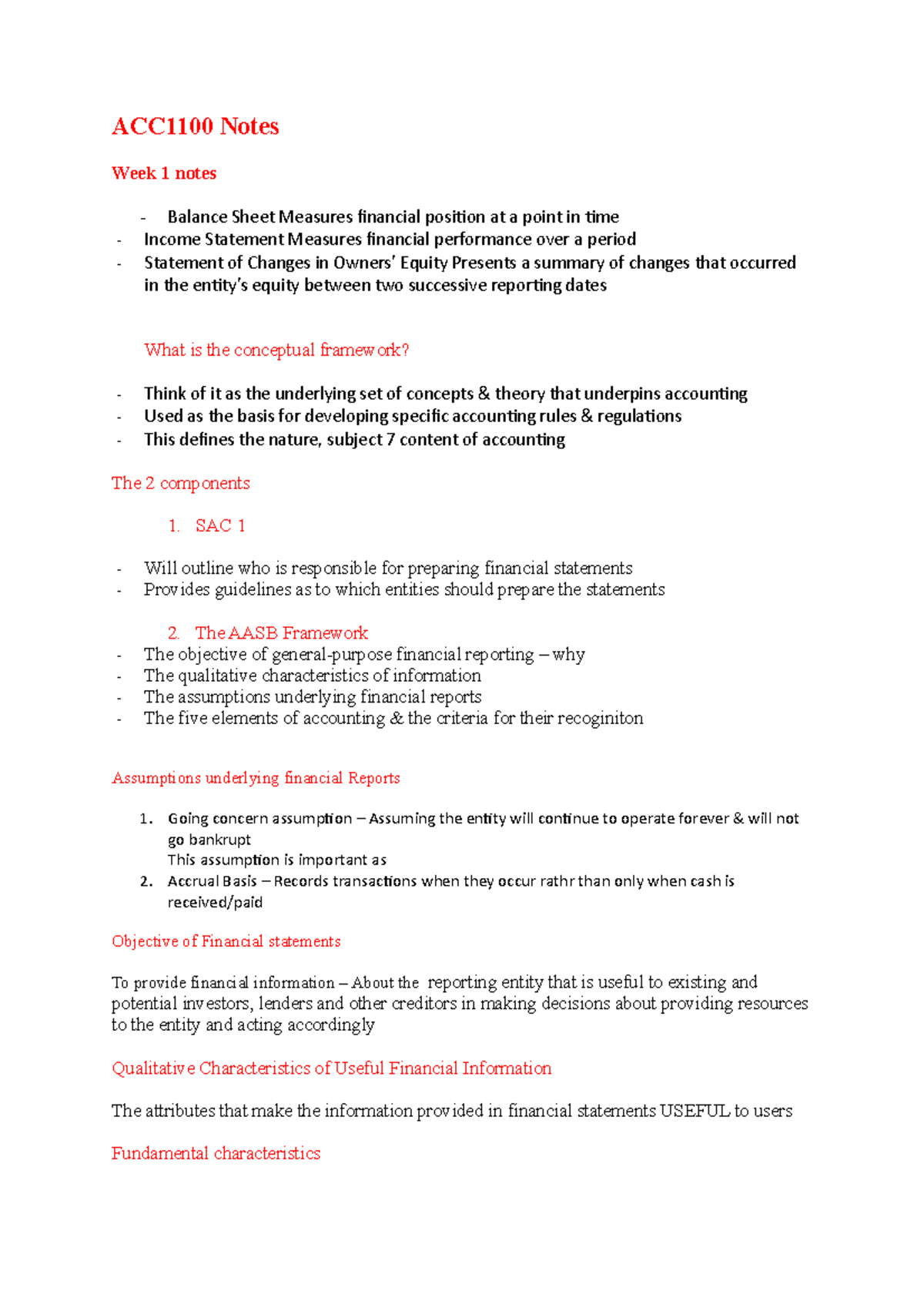 ACC1100 Notes - assignment - ACC1100 Notes Week 1 notes Balance Sheet ...