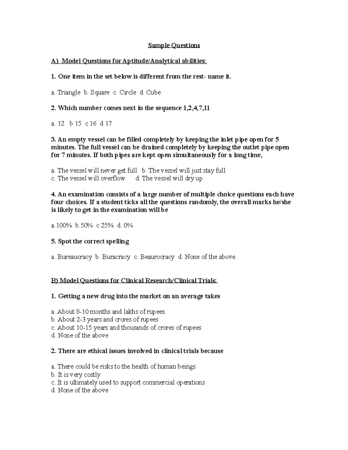 Model Questions copy - NONE - Sample Questions A) Model Questions for ...