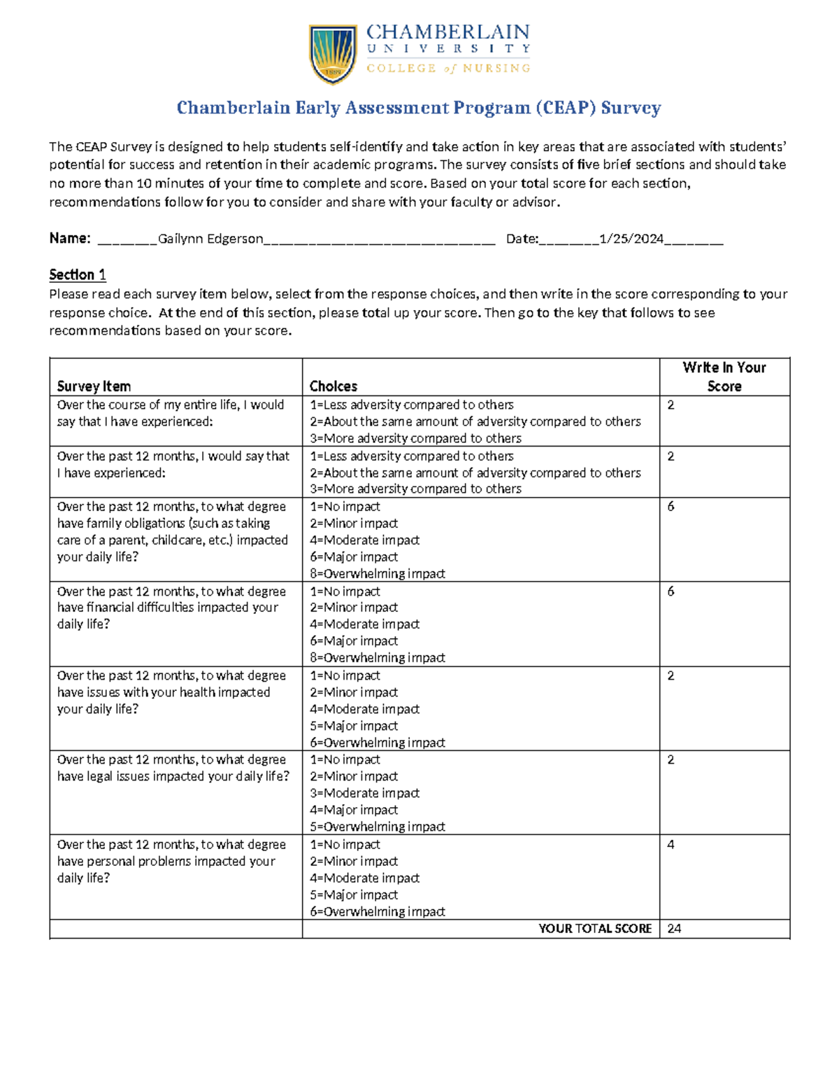 CEAP Survey - ceap - Chamberlain Early Assessment Program (CEAP) Survey ...