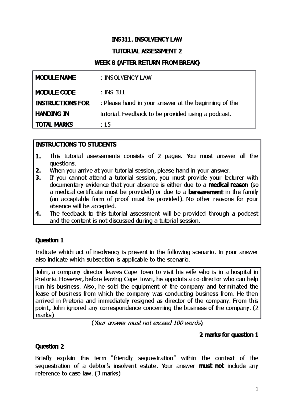 INS 311. Tutorial assessment 2 - INS 311. INSOLVENCY LAW TUTORIAL ...