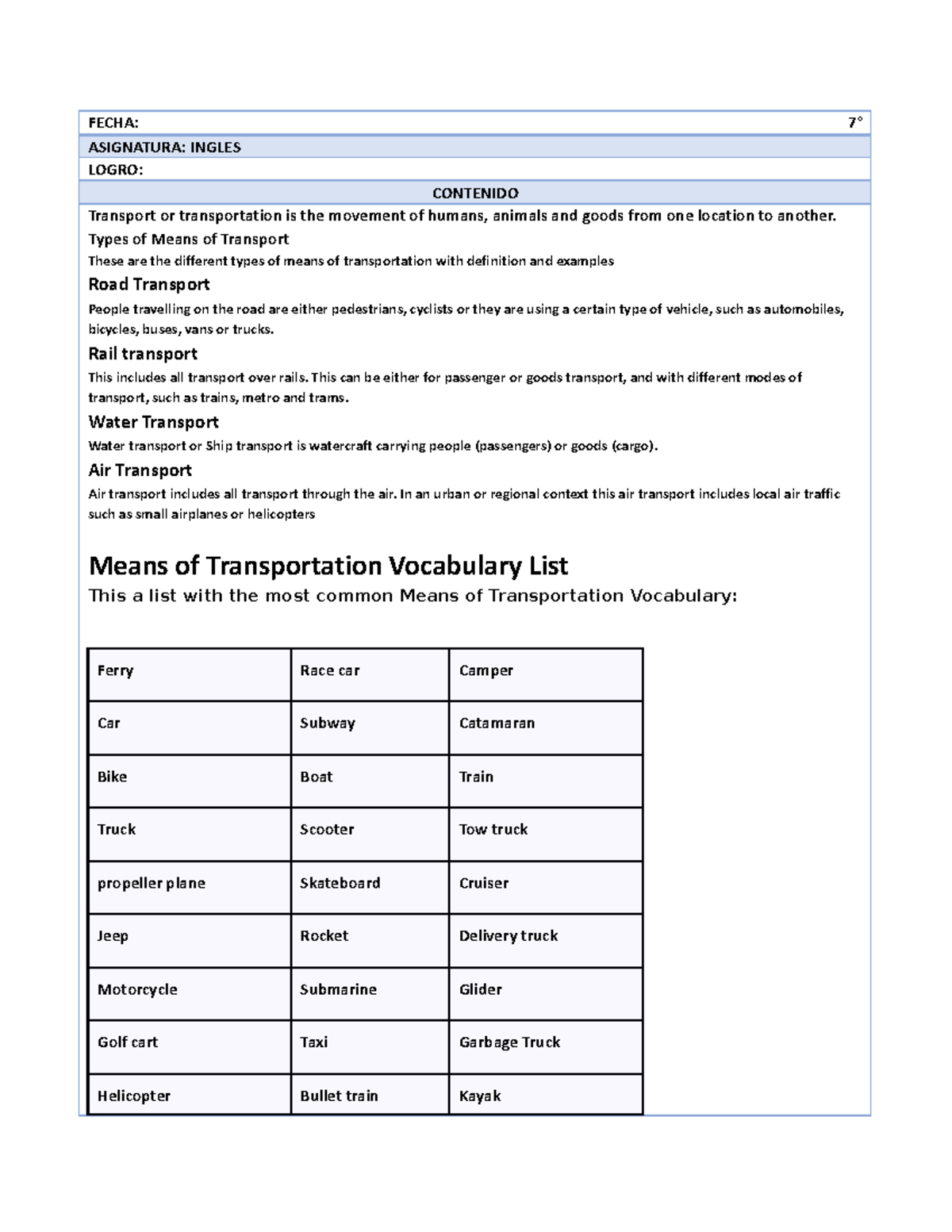 Planeador Semana 2 means of transportation 4 Periodo 701 ok - FECHA: 7 ...