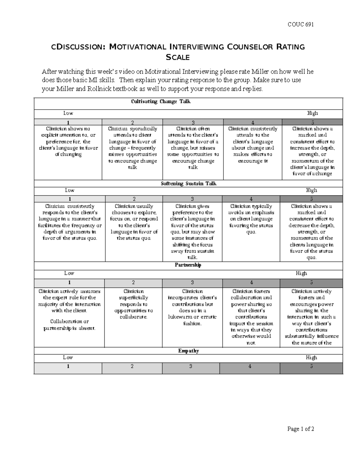Discussion Motivational Interviewing Counselor Rating Scale - COUC 691 ...