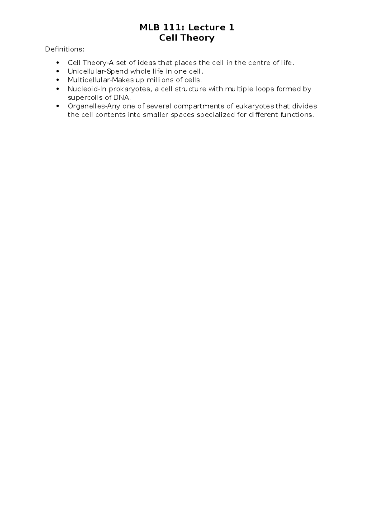 MLB 111 L1 - Lecture notes - MLB 111 - MLB 111: Lecture 1 Cell Theory ...