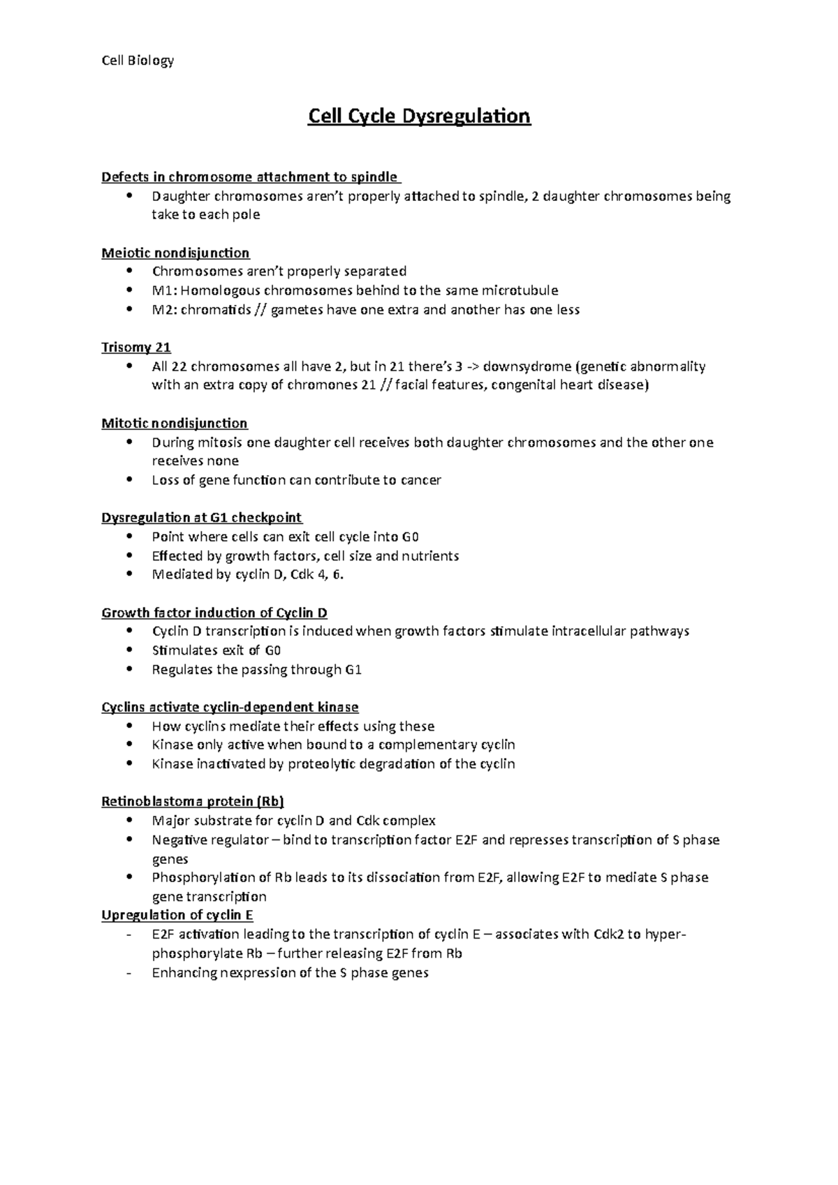 Cell Cycle Dysregulation - notes - Cell Biology Cell Cycle ...