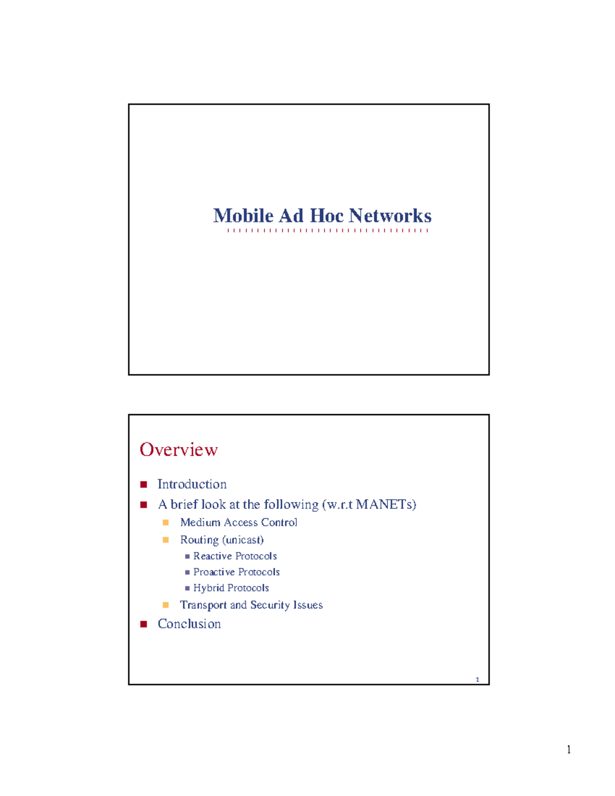 Lec 8 ad hoc networks - ppt - Mobile Ad Hoc Networks 2 Overview n Introduction n A brief look at ...