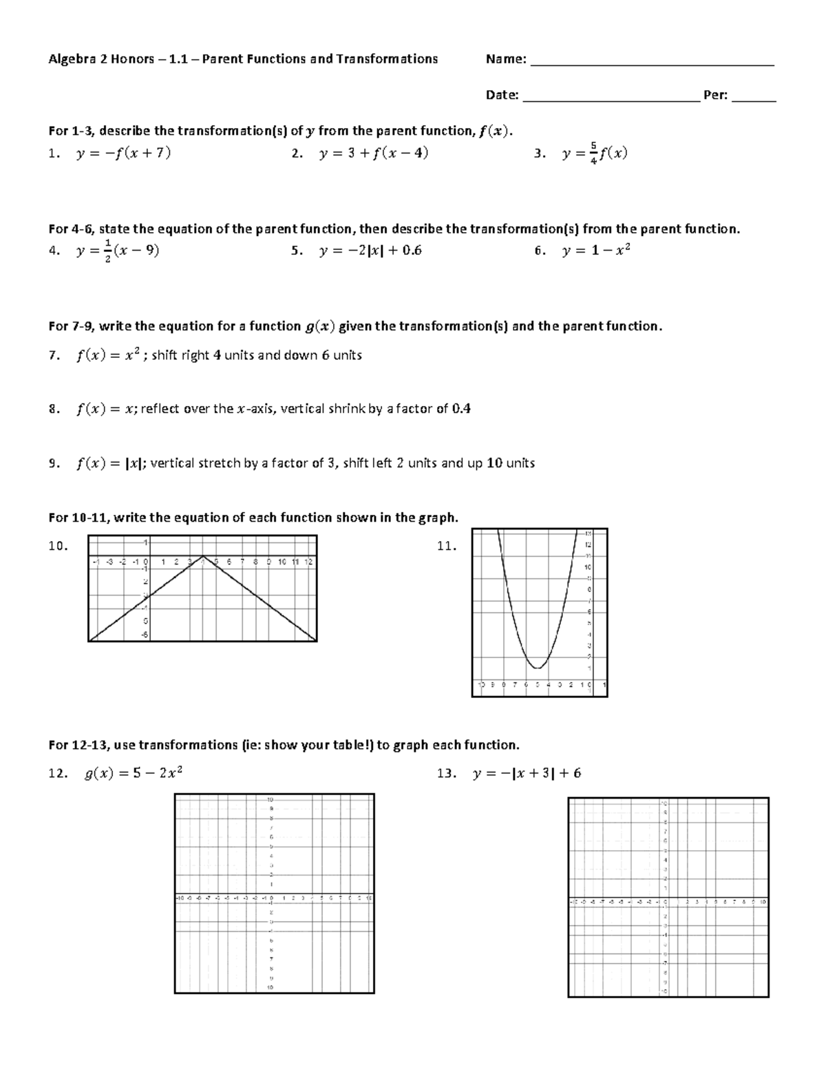 WS 1.1 - Parent Functions and Transformations - Algebra 2 Honors – 1 .1 ...